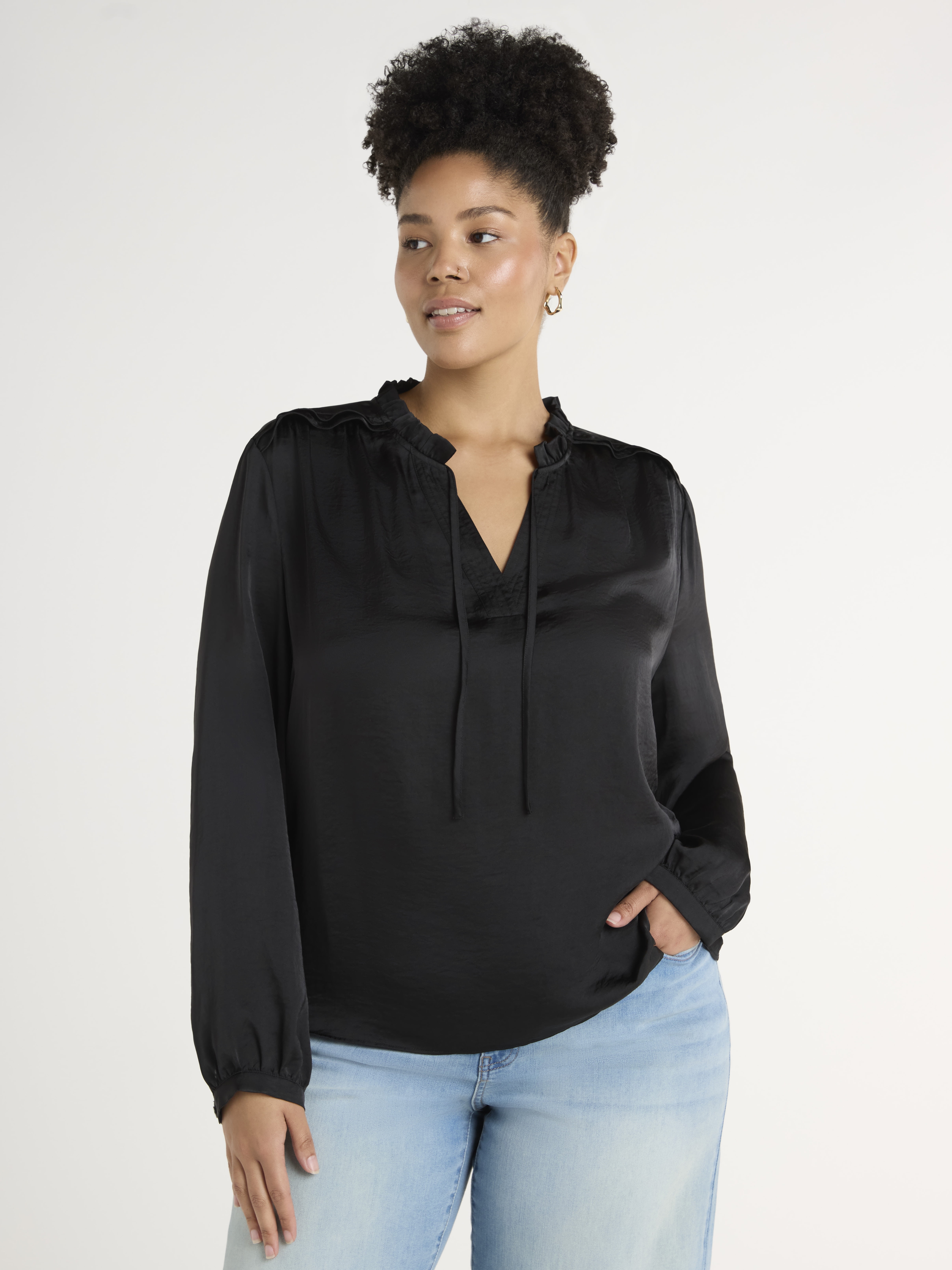 Time and Tru Women's Silky Satin Ruffle Neck Blouse, Sizes XS-XXXL ...