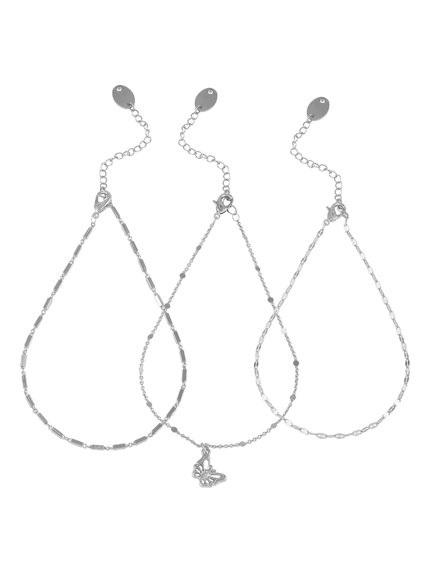 Time & Tru Women's Silver Tone 9" Trio Anklet Set with Butterfly Charm ...