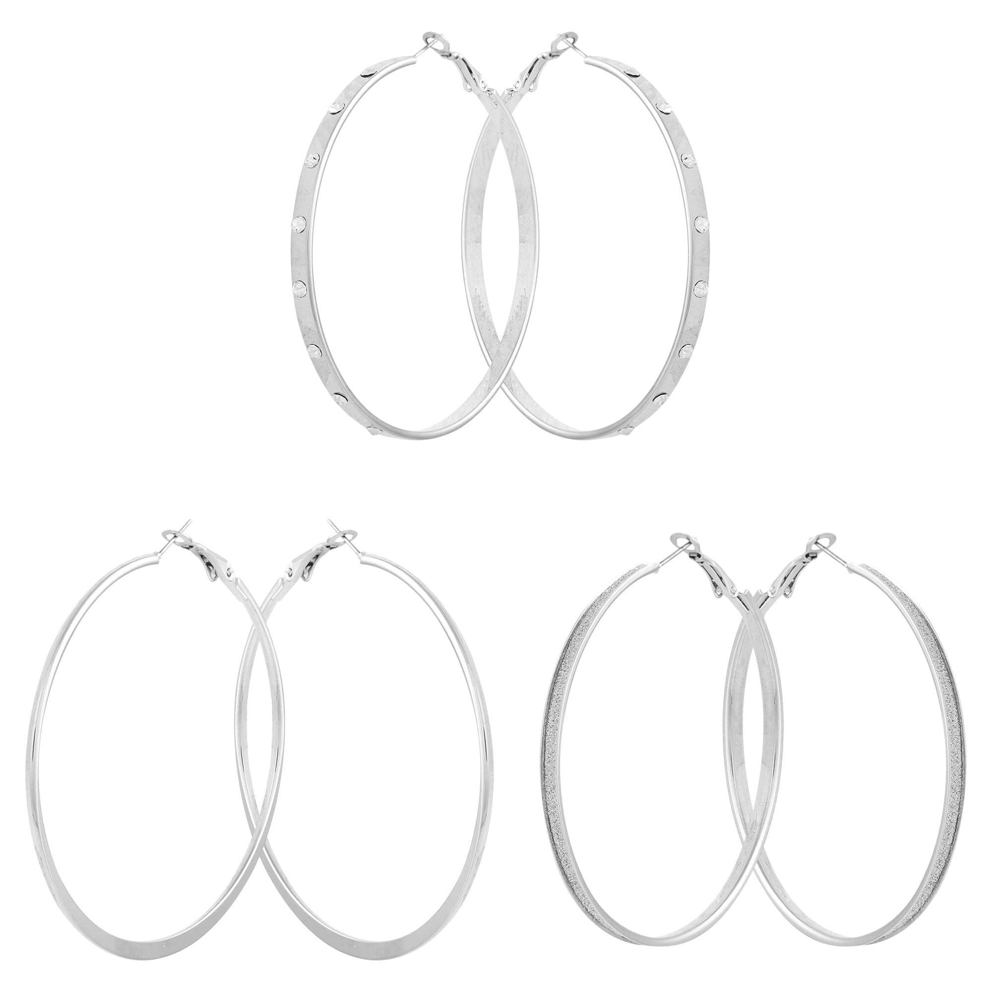 Time and Tru Women's Silver Tone Large Hoop Earring Set 3-Piece Glitter ...