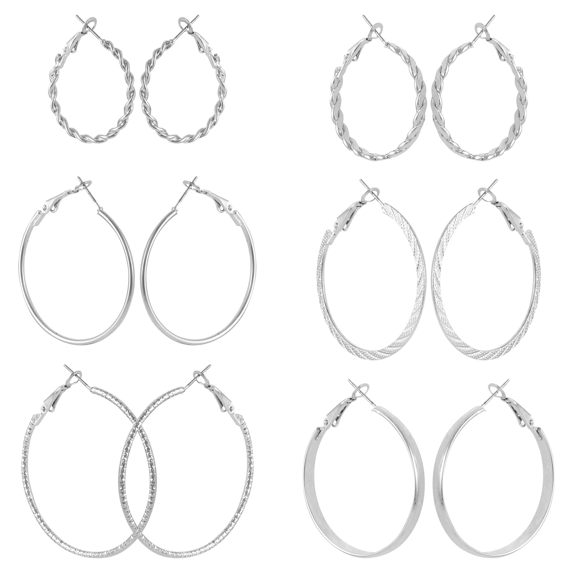 Time and Tru Women's Silver Tone Textured and Smooth Hoop Earring Set ...