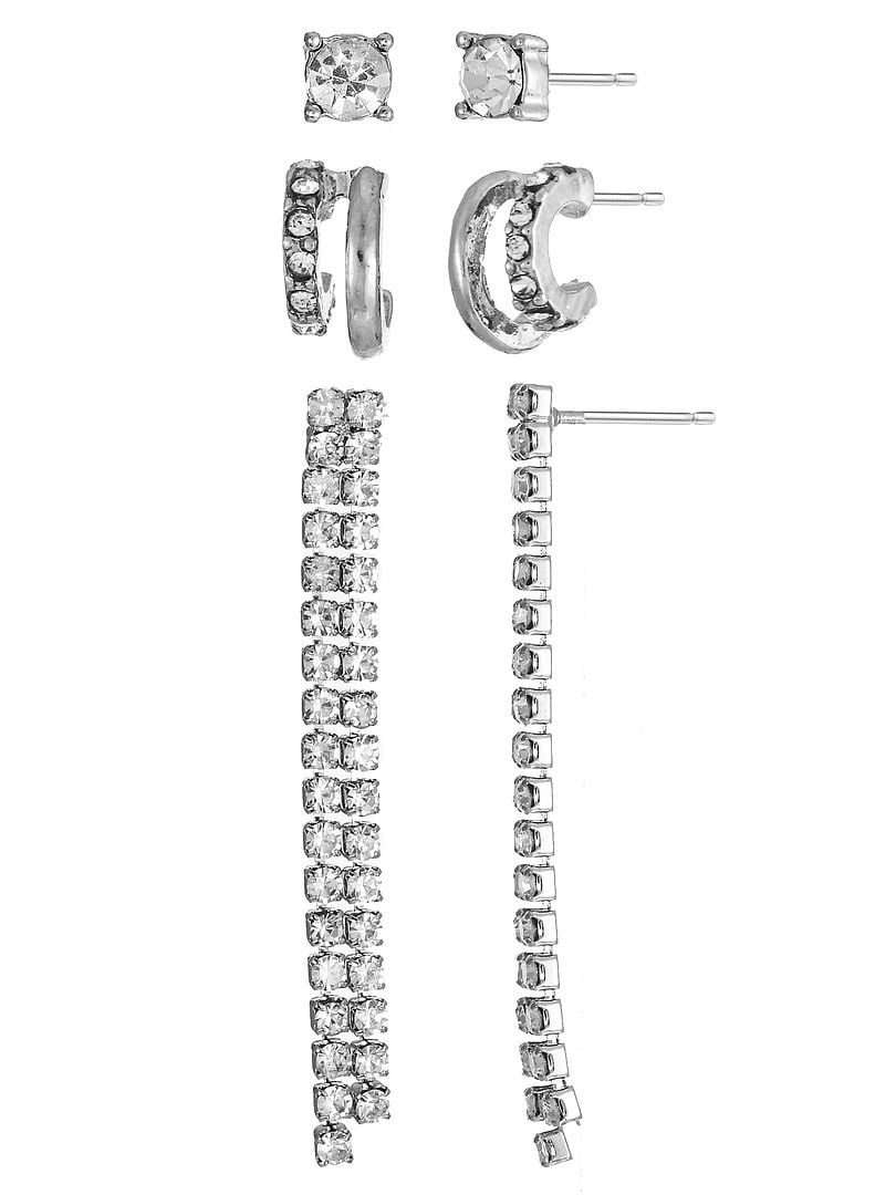Time and Tru Women's Silvertone Earring Set, 3 Pairs, Hypoallergenic ...