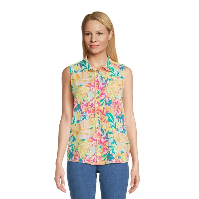 Time and Tru Women's Sleeveless Button-Down Shirt - Walmart.com Time and Tru Women's Sleeveless Button-Down Shirt - Walmart.com