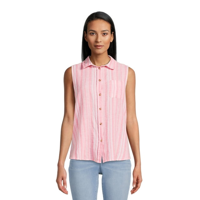Time and Tru Women's Sleeveless Button-Down Shirt - Walmart.com Time and Tru Women's Sleeveless Button-Down Shirt - Walmart.com