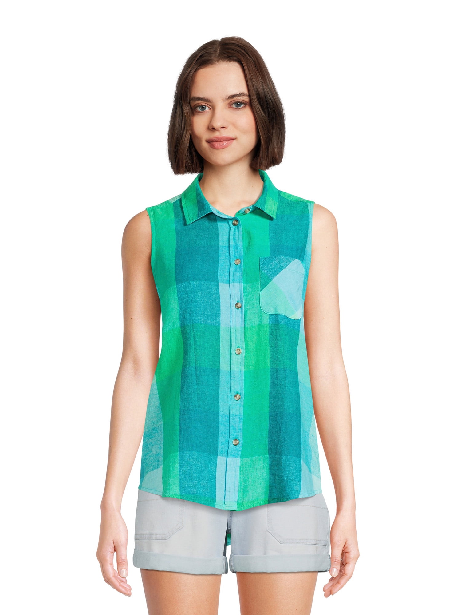Time And Tru Womens Sleeveless Button Down Shirt