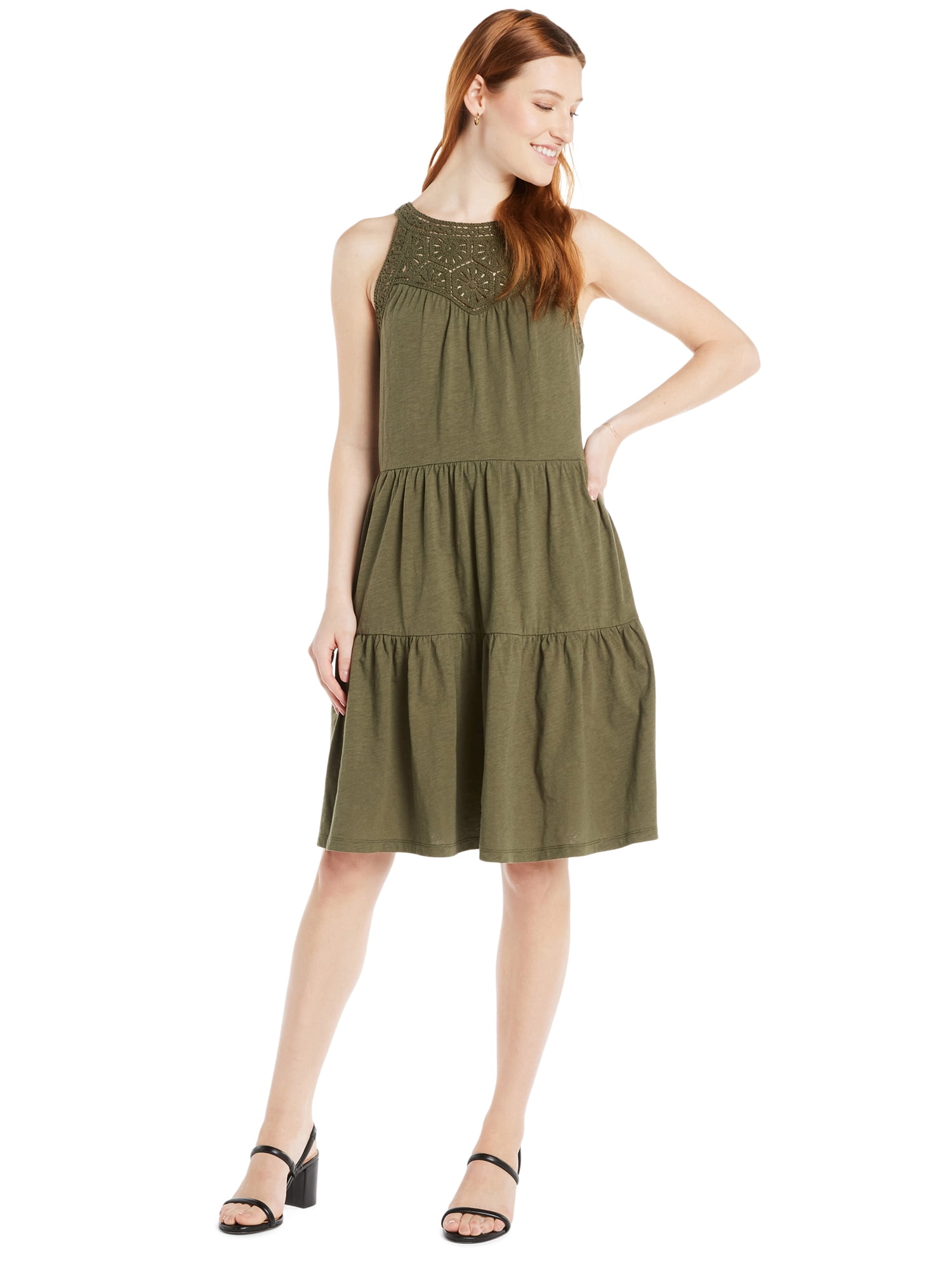 Time and Tru Women's Sleeveless Tiered Cotton Dress with Crochet Trim ...