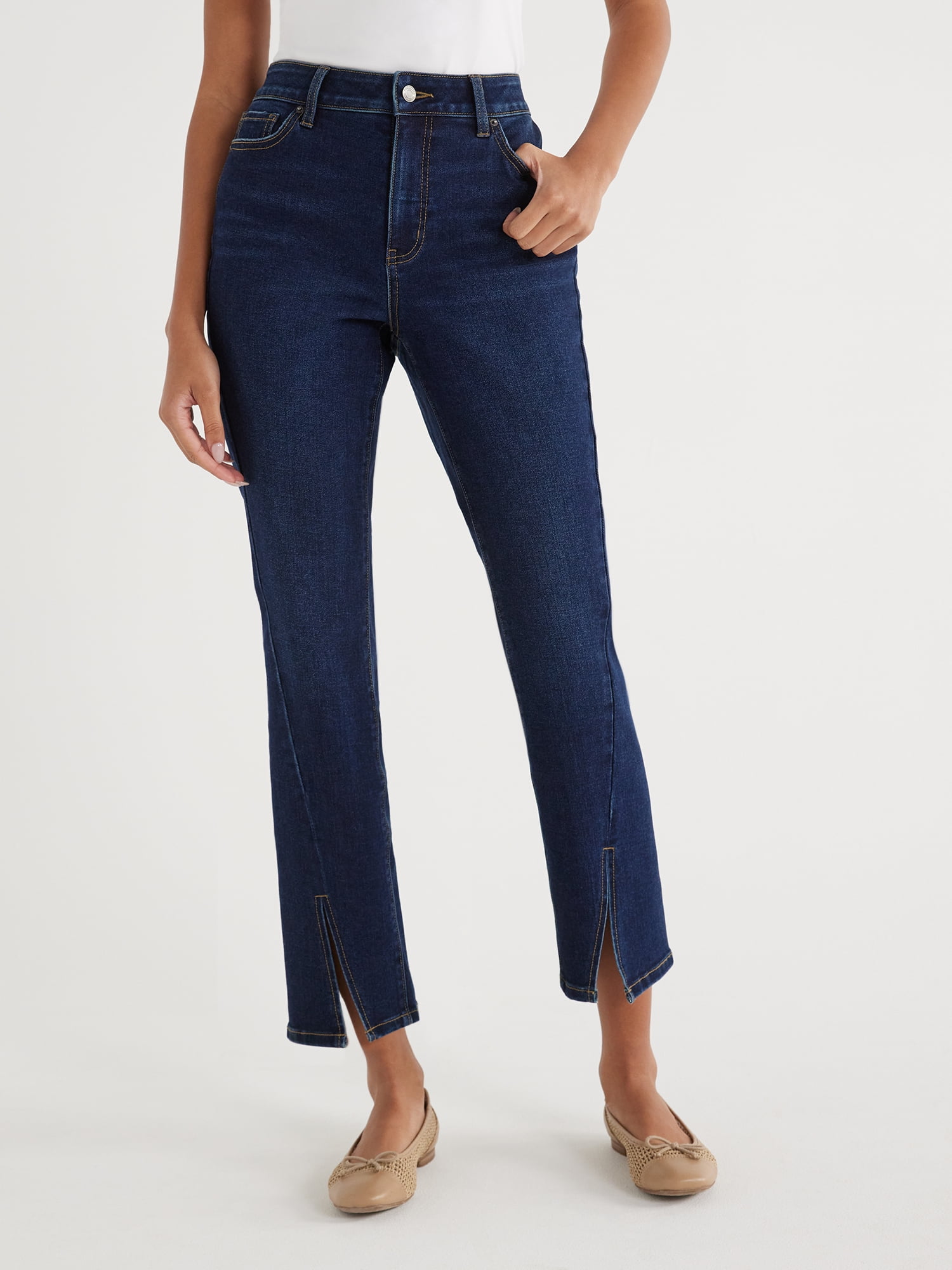 Time and Tru Women's Slit Hem Straight Leg Jeans, 26", 28" Inseams ...