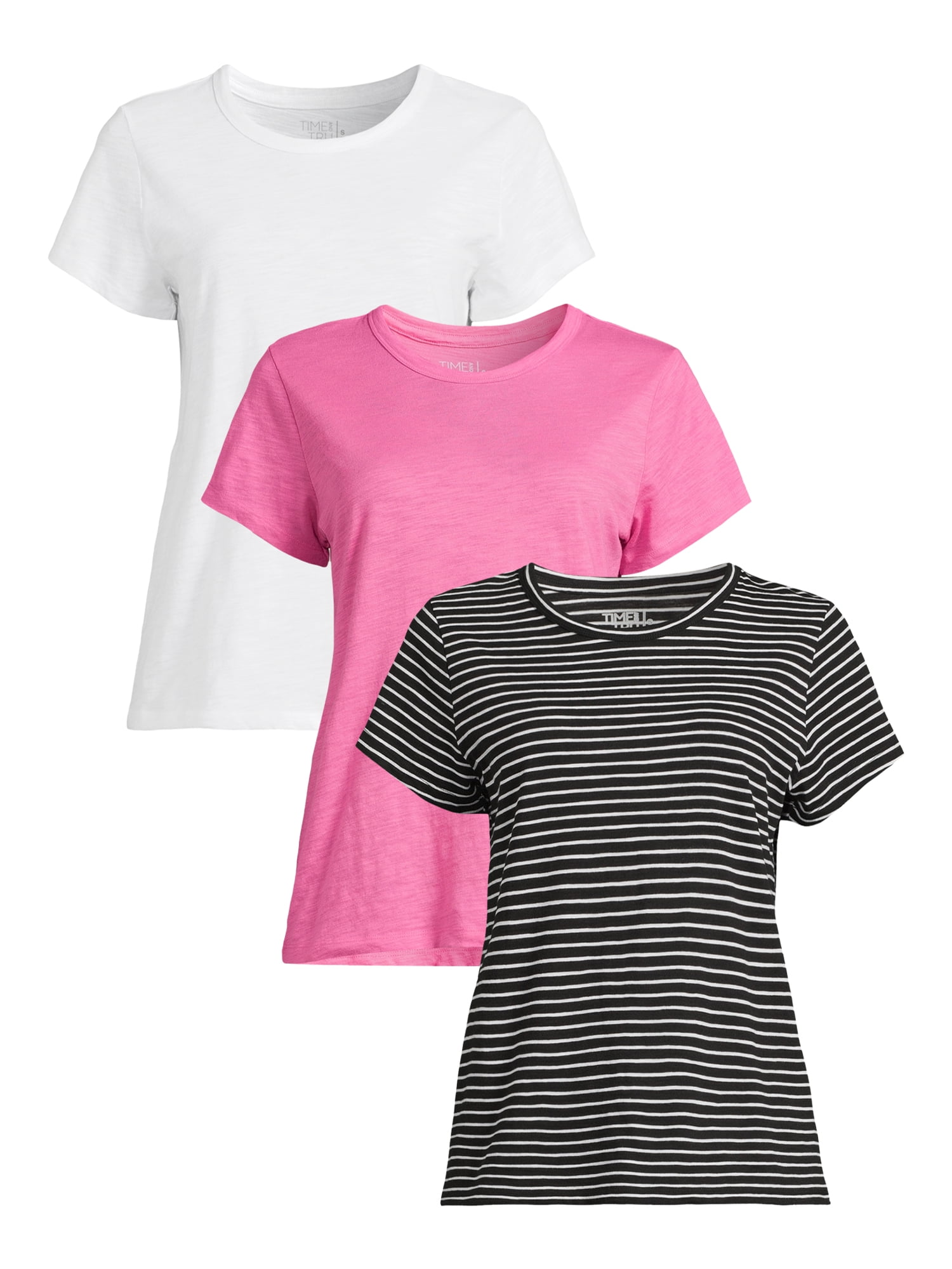 Time and Tru Women's Slub Crewneck Tees with Short Sleeves, 3-Pack ...