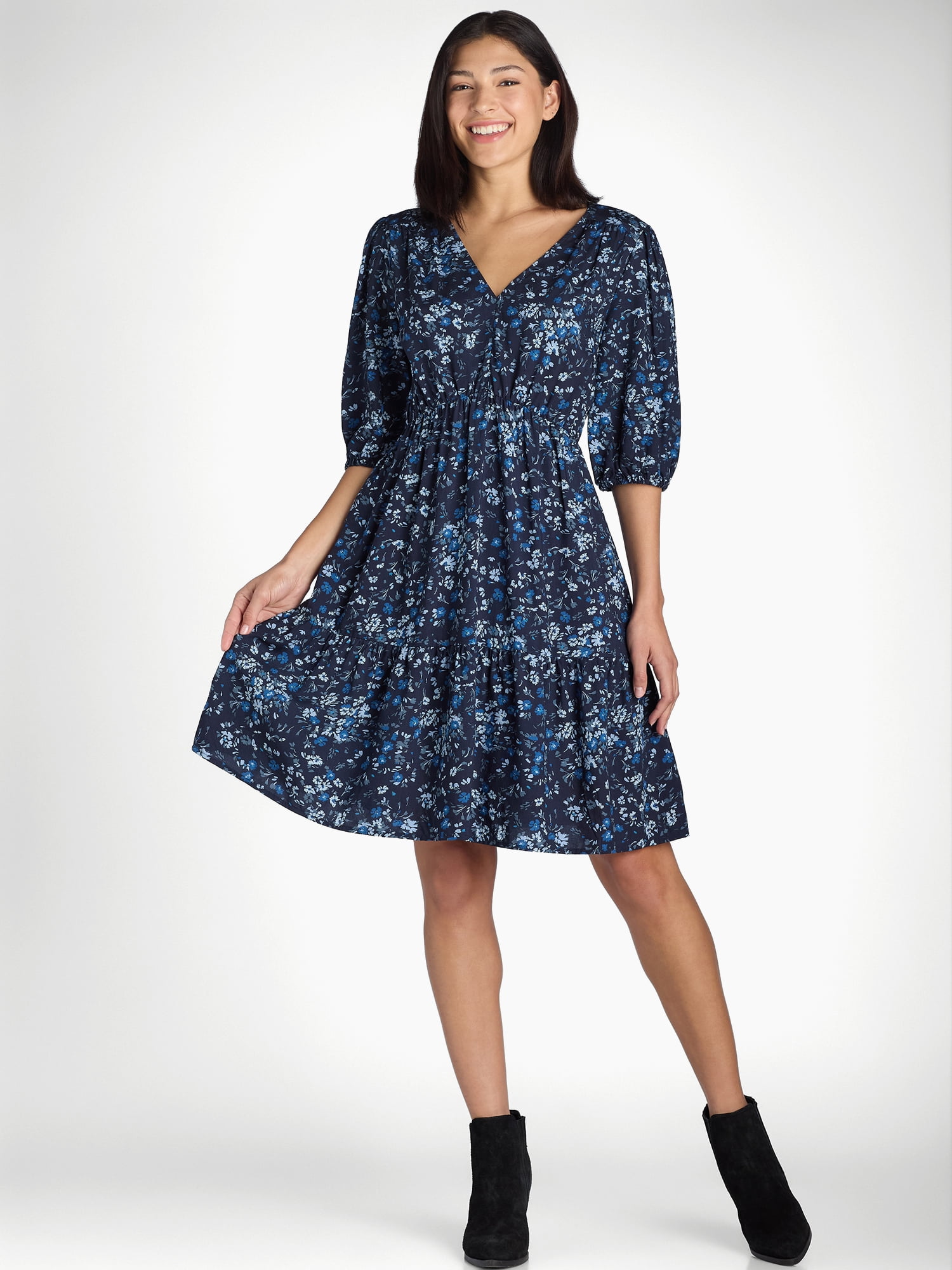 Time and Tru Women's Smock Puff Sleeve Floral Print Dress - Walmart.com