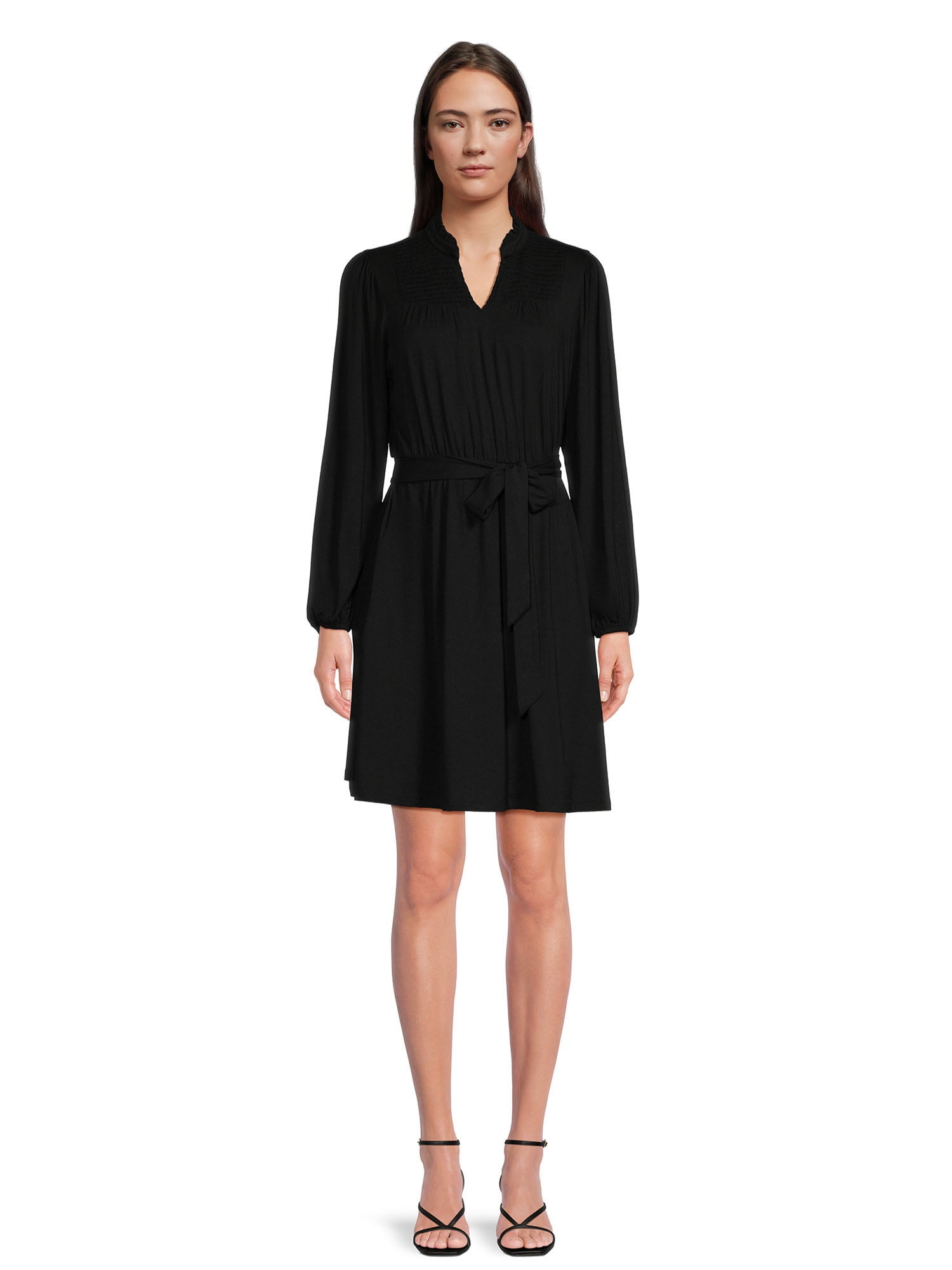 Time and Tru Women's Smocked Neck Mini Dress with Long Sleeves, Sizes ...