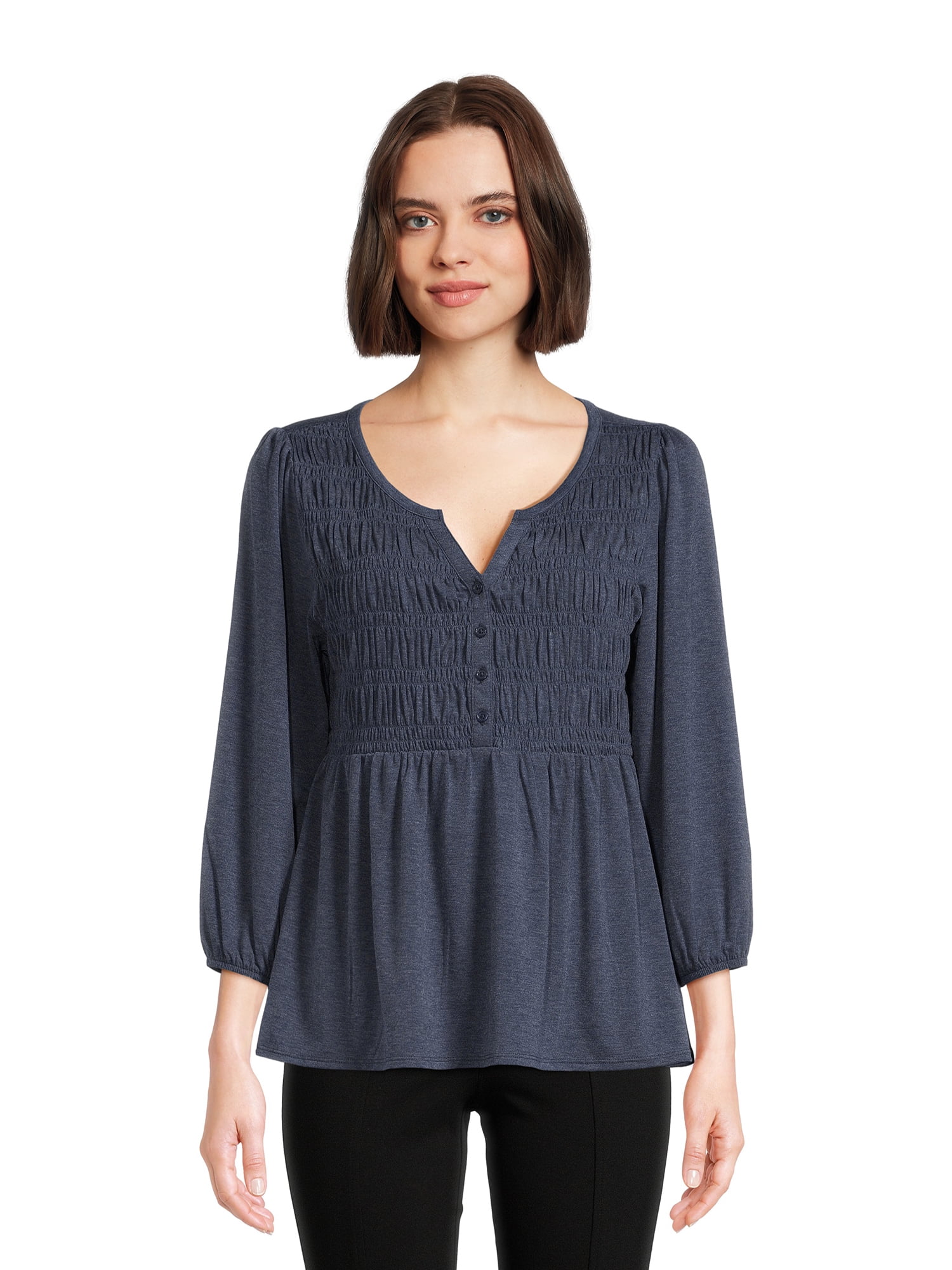 Time and Tru Smocked Peplum Top - Split Neck, Puff Sleeves - Walmart.com