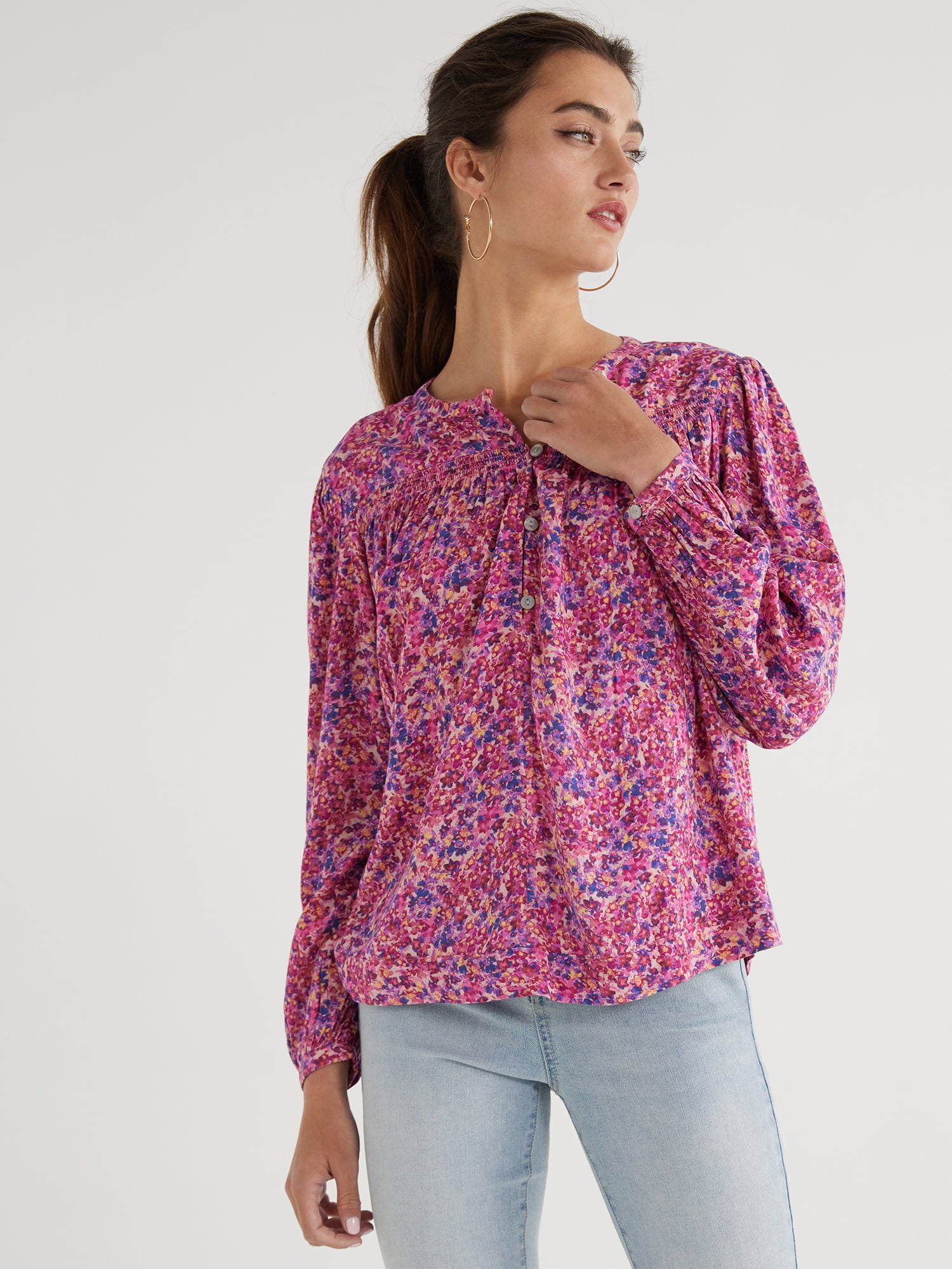 Time And Tru Womens Smocked Top With Long Sleeves Sizes Xs Xxxl