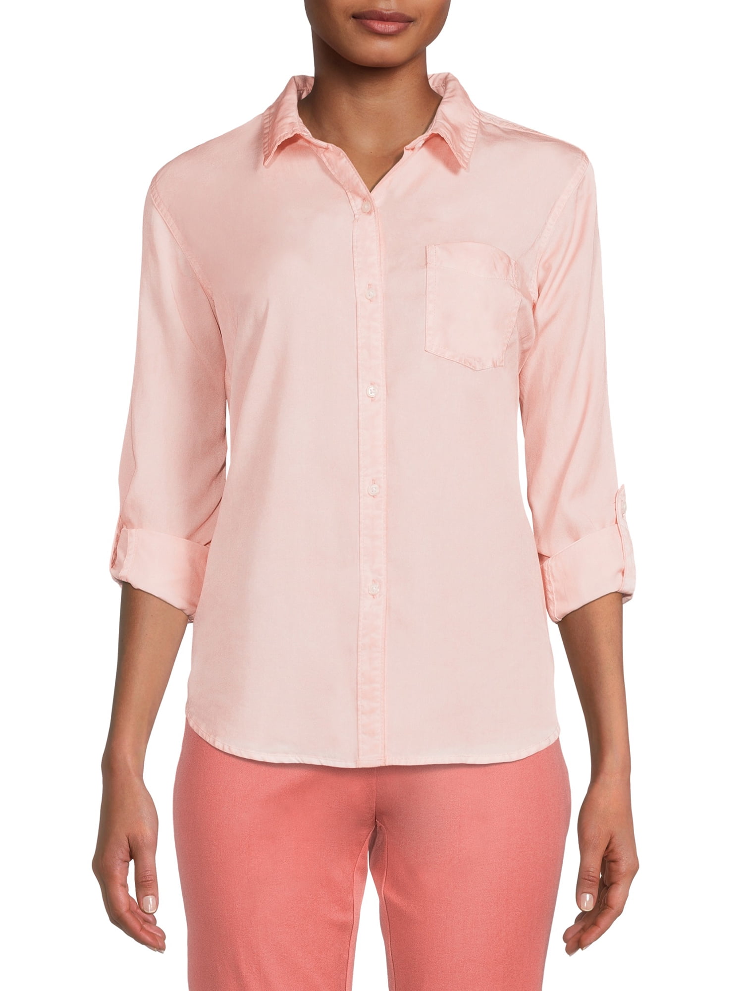 Time and Tru Women's Soft Button Front Shirt with Long Sleeves ...