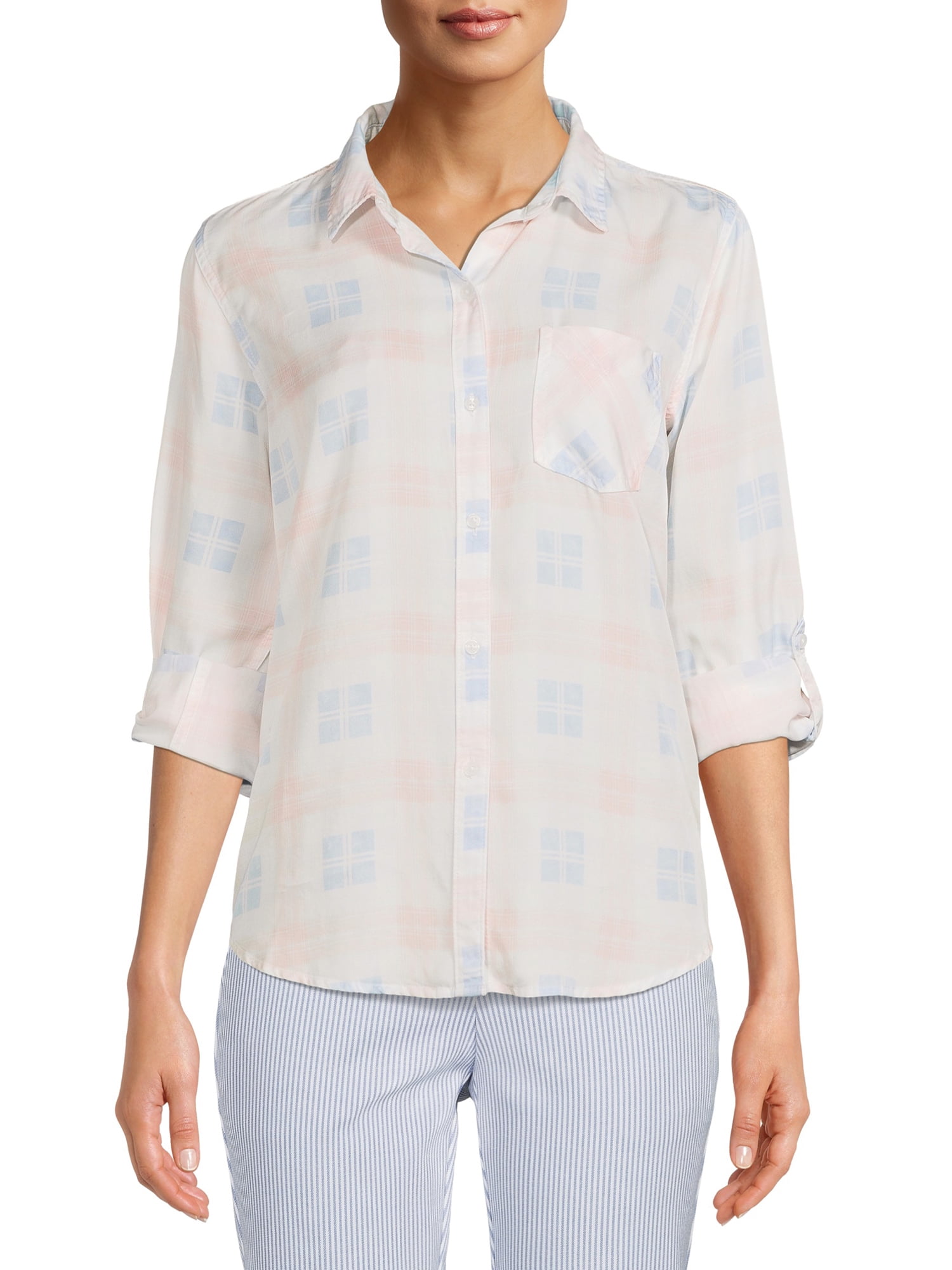 Time and Tru Women's Soft Button Front Shirt with Long Sleeves ...