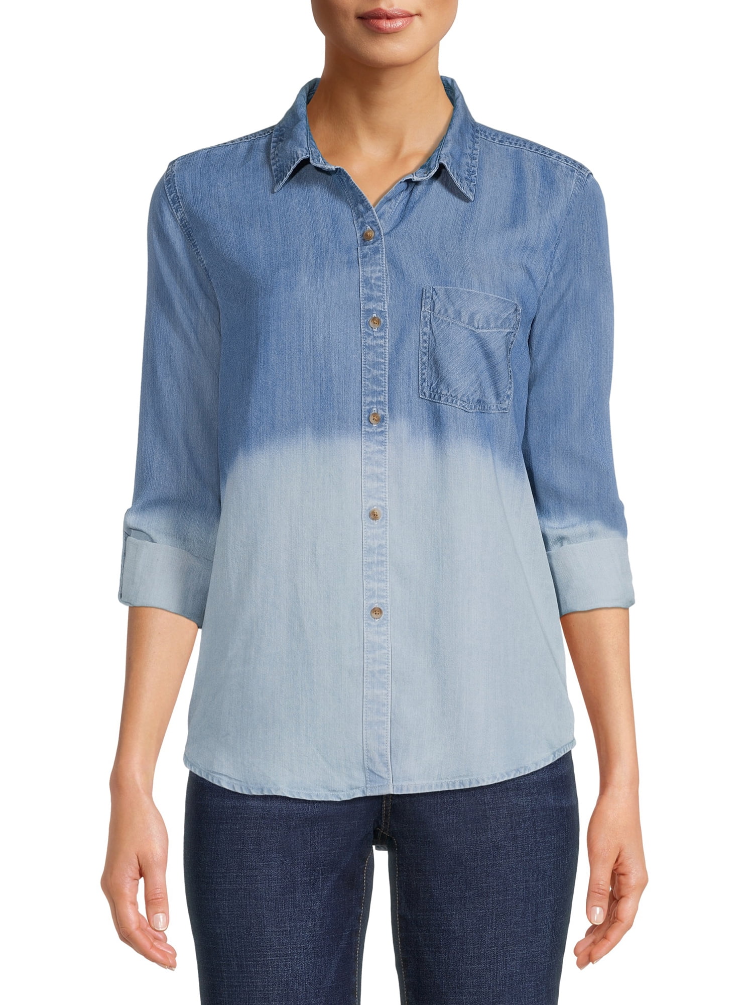 Time and Tru Women's Soft Button Front Shirt with Long Sleeves ...