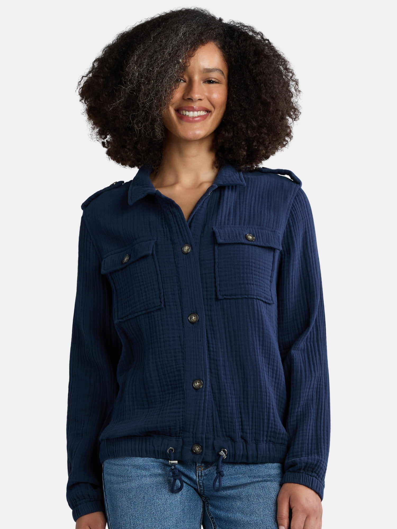 Time and Tru Women's Double Cloth Cotton Utility Jacket, Sizes XS-XXXL ...