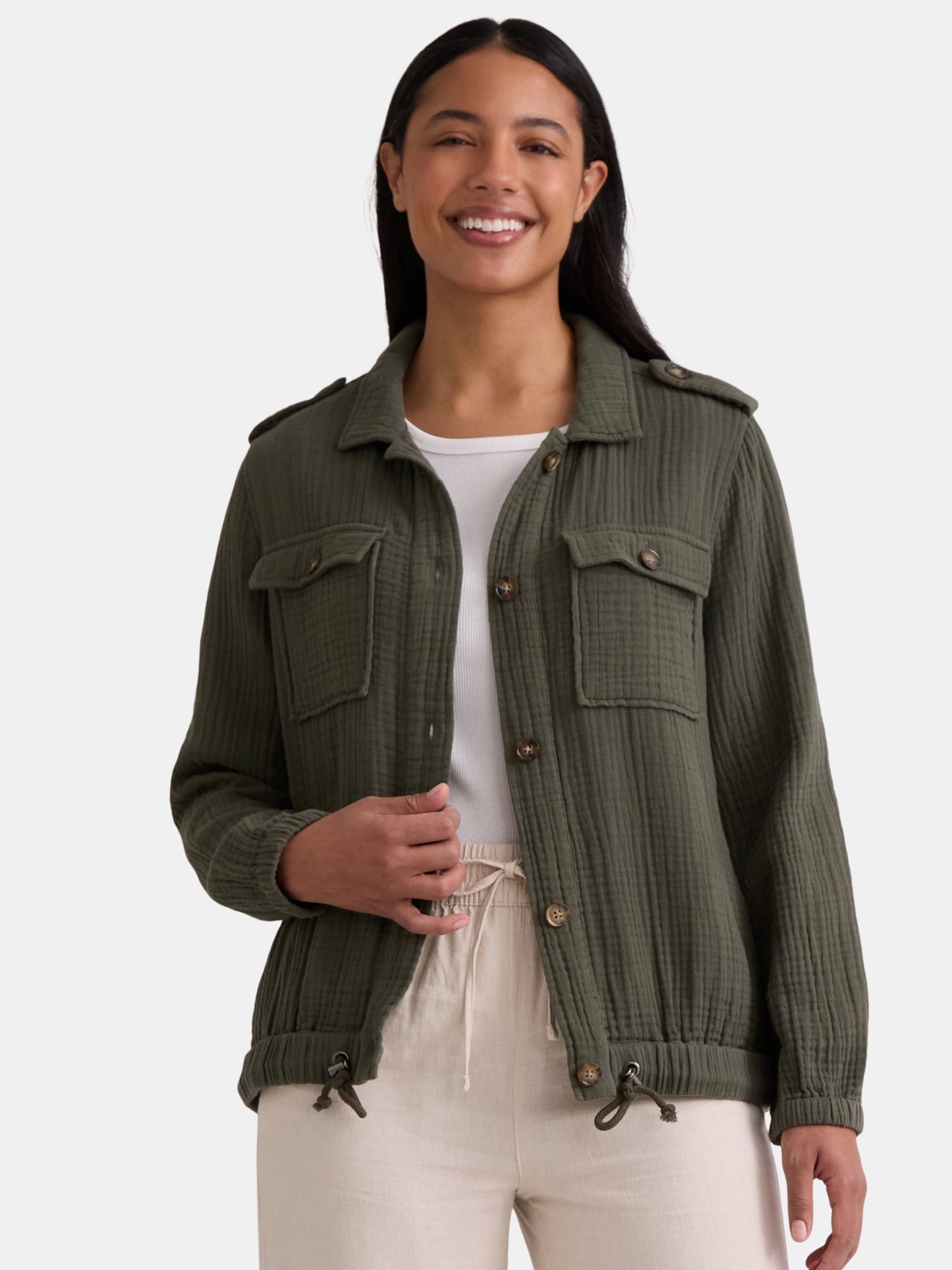 Time and Tru Women's Double Cloth Cotton Utility Jacket, Sizes XS-XXXL ...