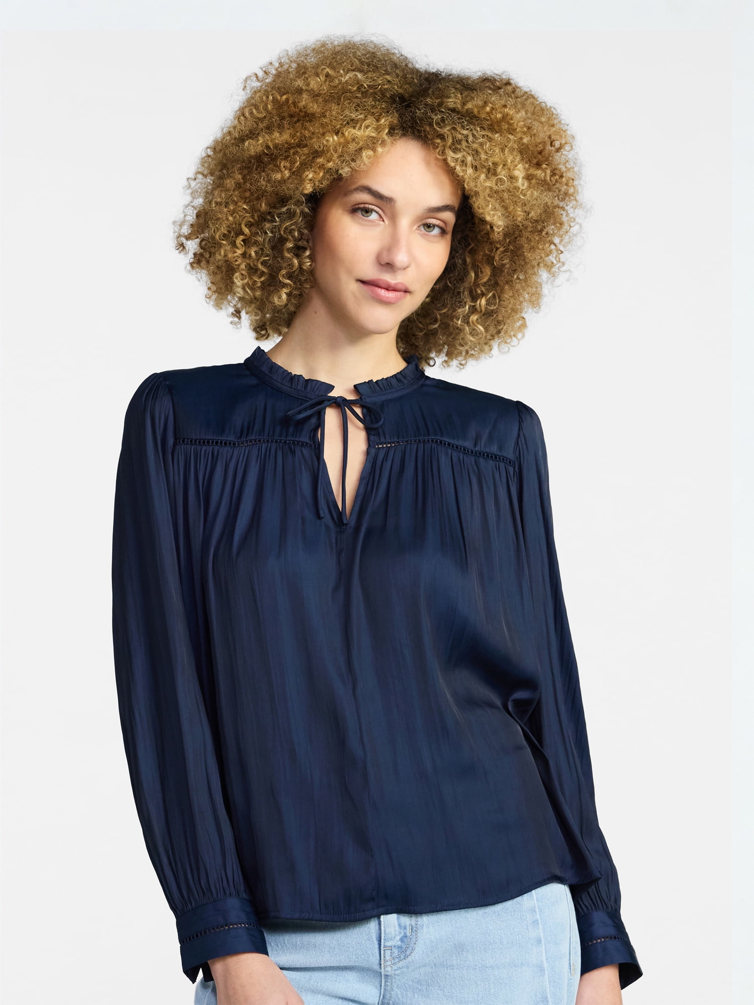 Time and Tru Women's Soft Ruched Yoke Blouse with Long Sleeves, Sizes ...