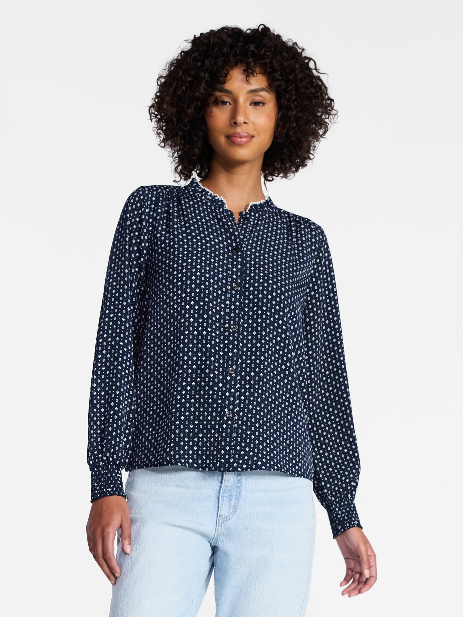 Time and Tru Women's Ruffle Button Down Blouse with Long Sleeves, Sizes ...