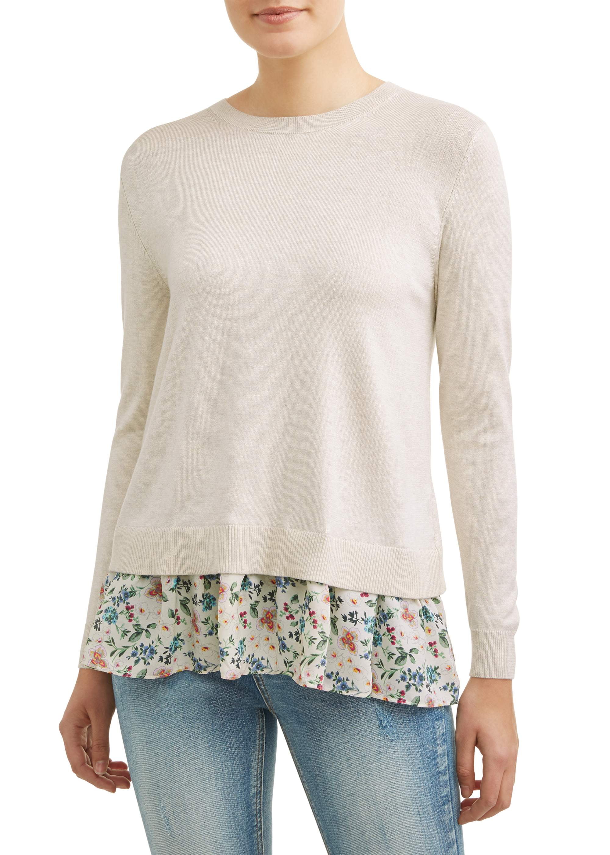 Time and Tru Women's Split Back 2fer Mixed Media Sweater - Walmart.com