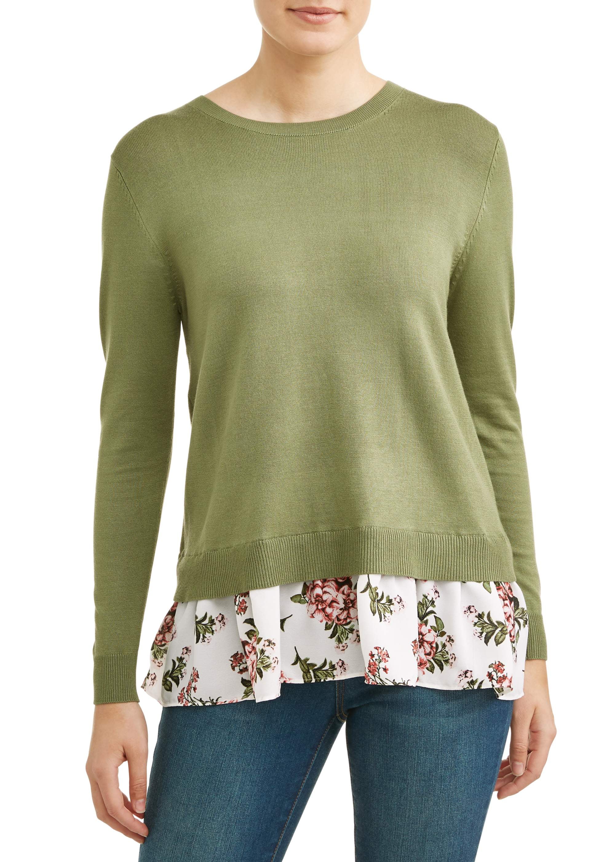 Time and Tru Women's Split Back 2fer Mixed Media Sweater - Walmart.com