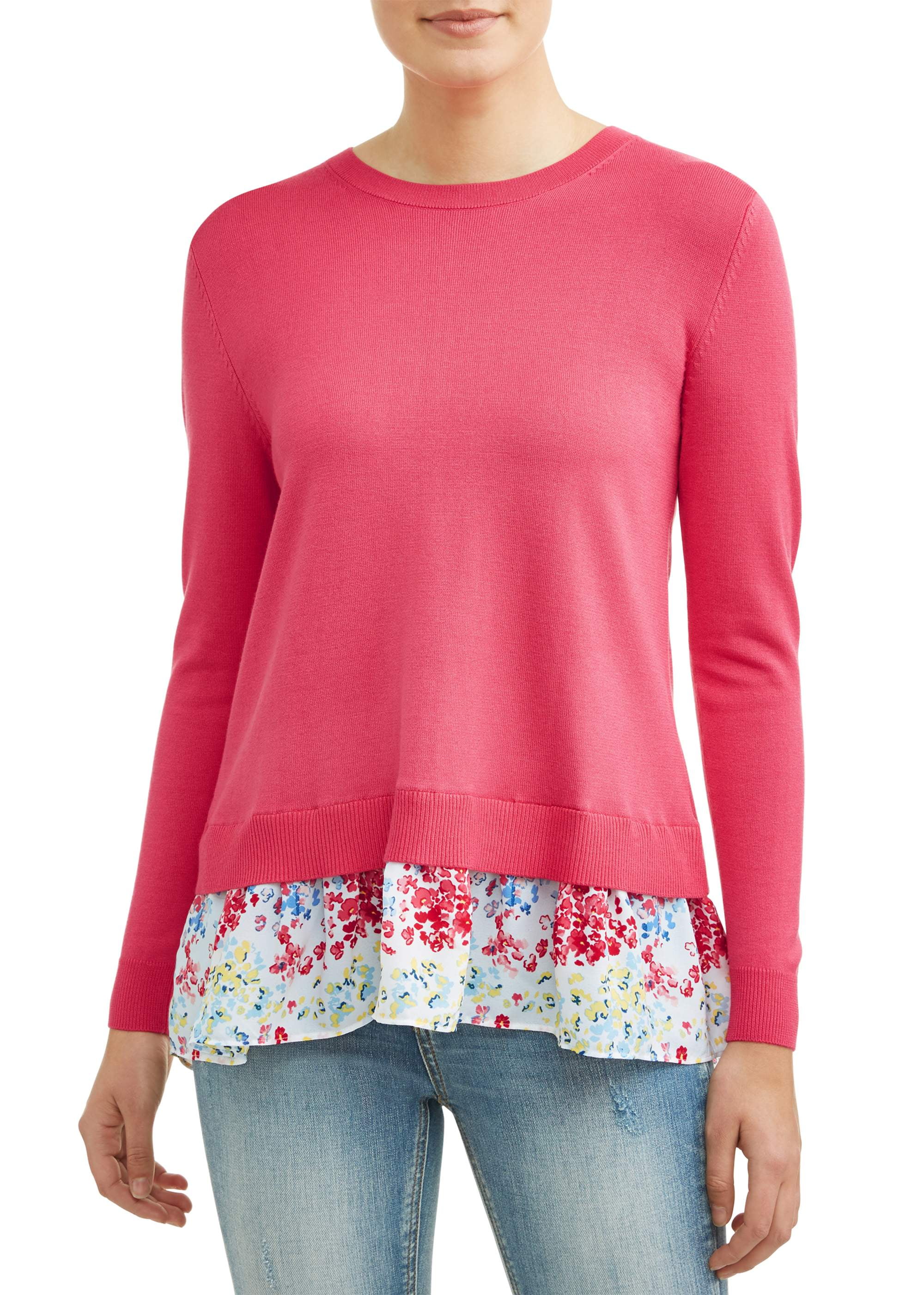 Time and Tru Women's Split Back 2fer Mixed Media Sweater - Walmart.com