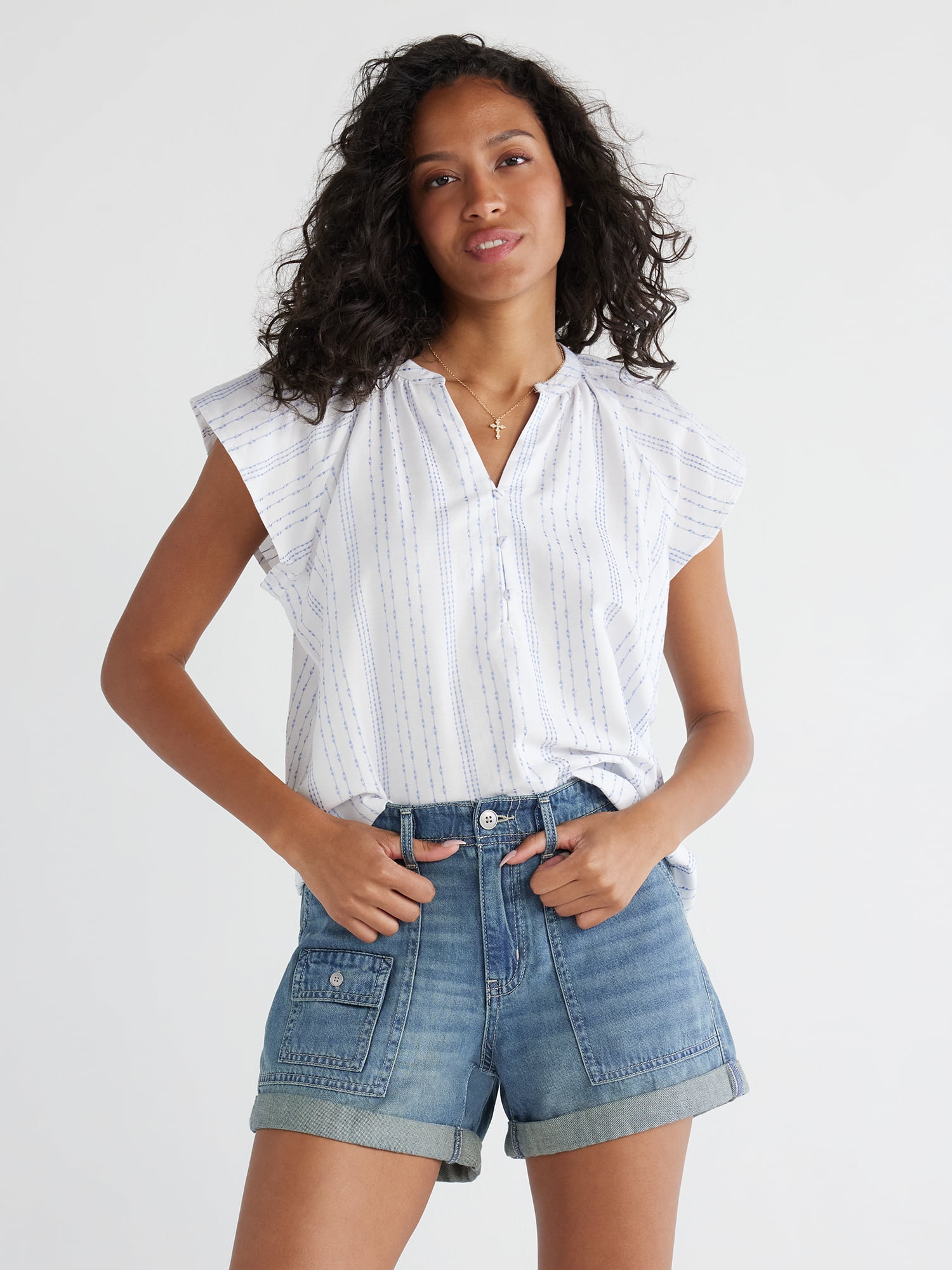 Time and Tru Women's Split Neck Top with Flutter Sleeves, Sizes XS-XXXL ...