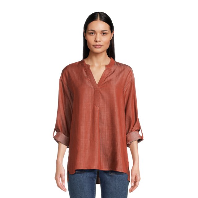 Time and Tru Women's Split Neck Tunic Top with Roll Cuff Sleeves, Sizes ...