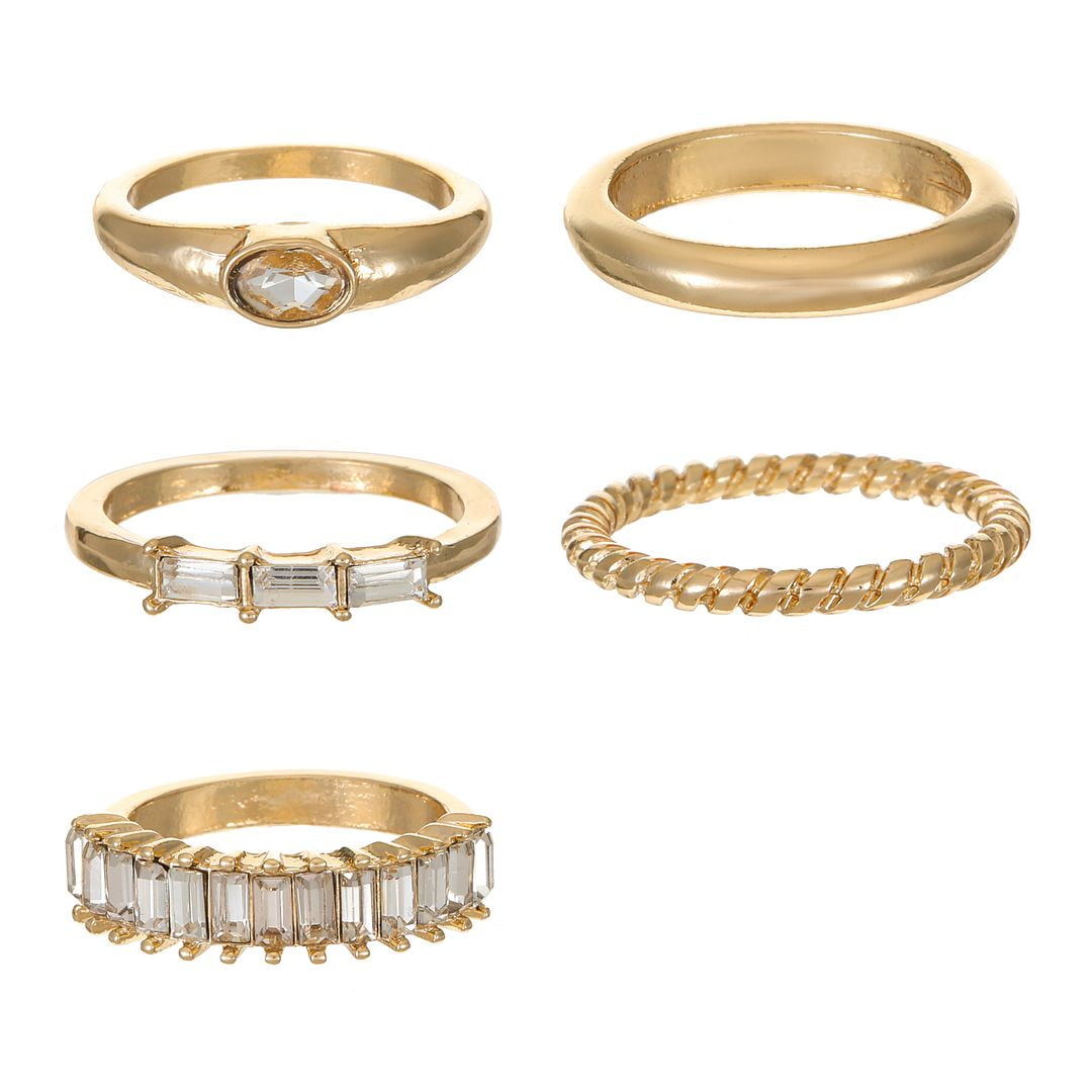 Time and Tru Women's Stackable Goldtone Ring Set, 5 Pieces,Crystal ...