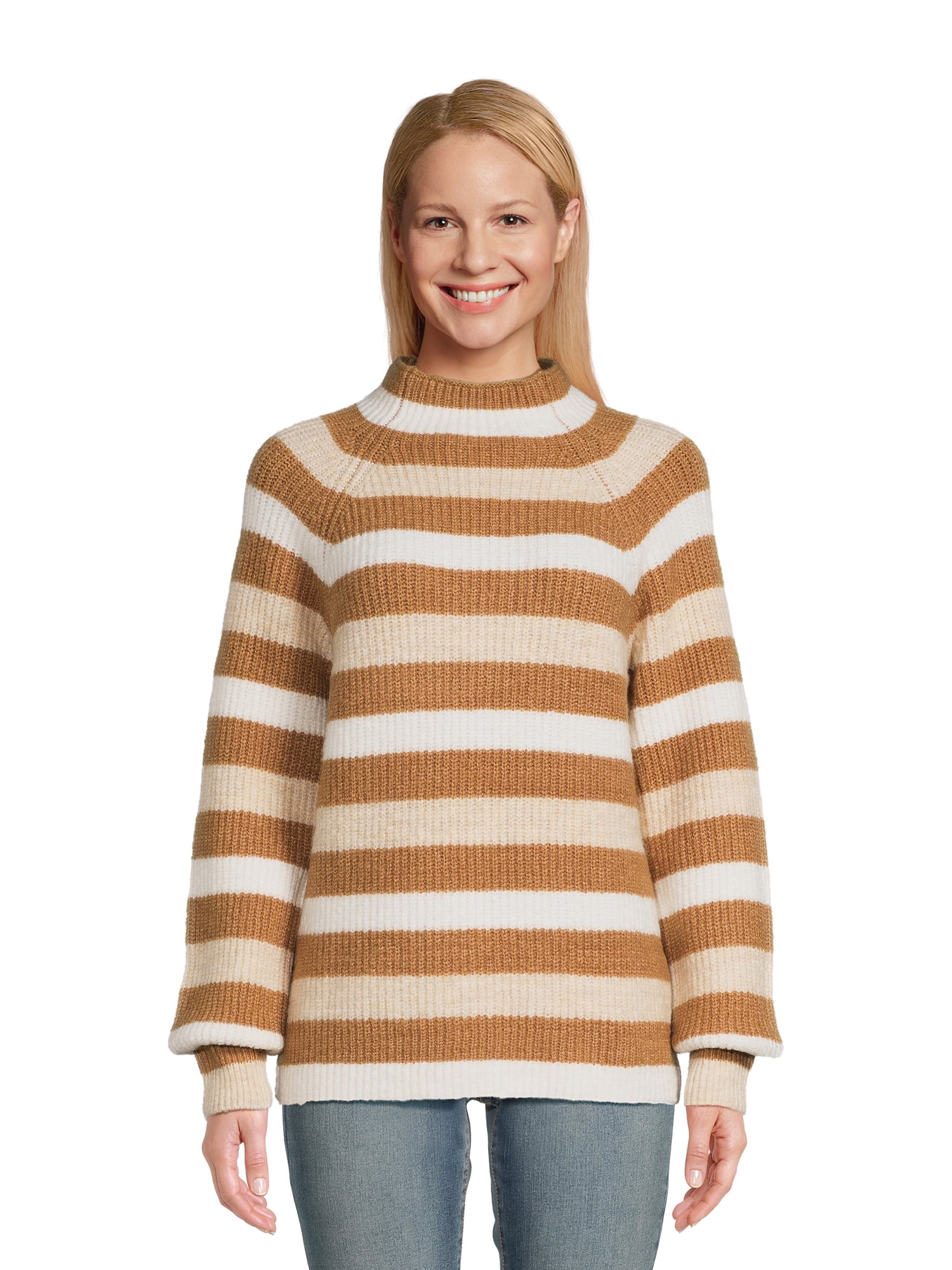 Time and Tru Women's Stripe Funnel Neck Sweater, Mid-Weight, Sizes XS ...