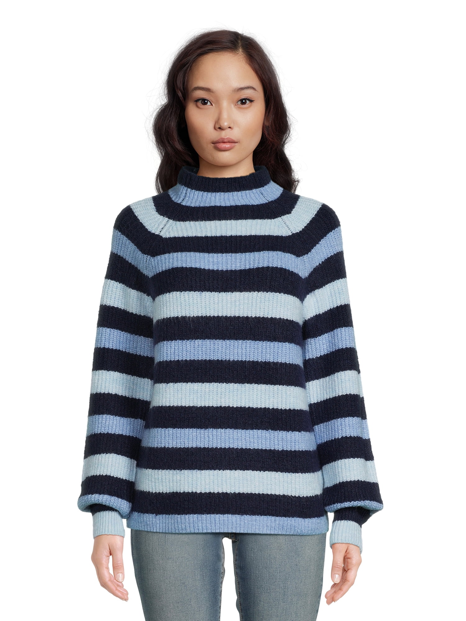 Time and Tru Women's Stripe Funnel Neck Sweater, Mid-Weight, Sizes XS ...