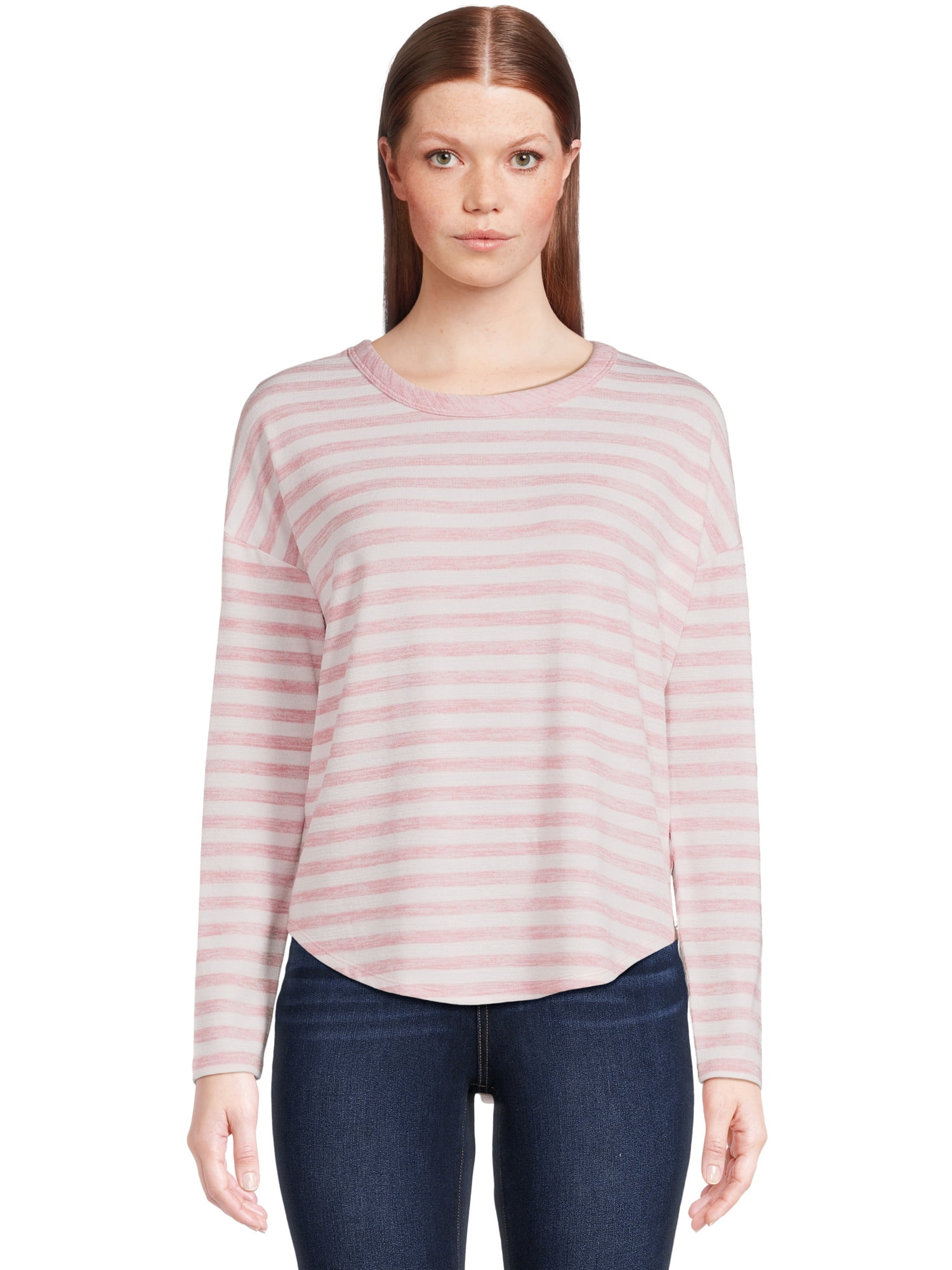 Time and Tru Women's Stripe Hacci Knit T-Shirt with Long Sleeves, Sizes ...
