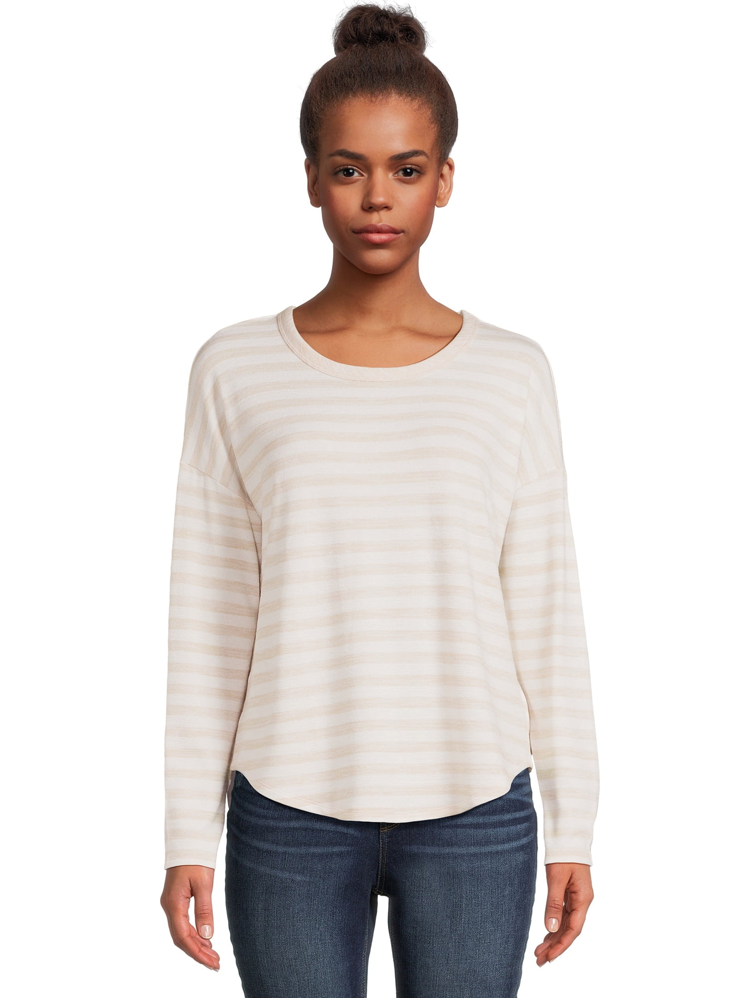 Time and Tru Women's Stripe Hacci Knit T-Shirt with Long Sleeves, Sizes ...