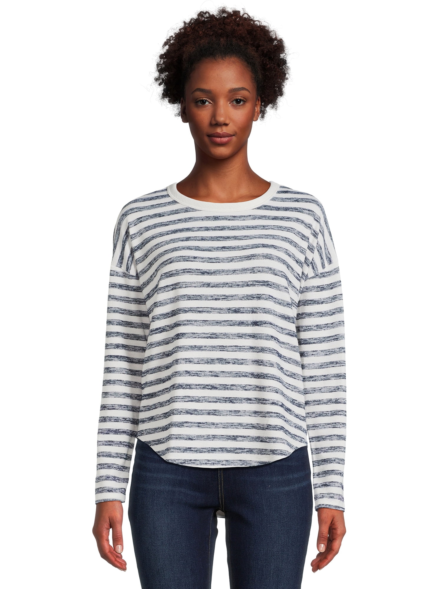 Time & Tru Women's Stripe Hacci Knit Long Sleeve T-Shirt, Sizes S-XXXL ...