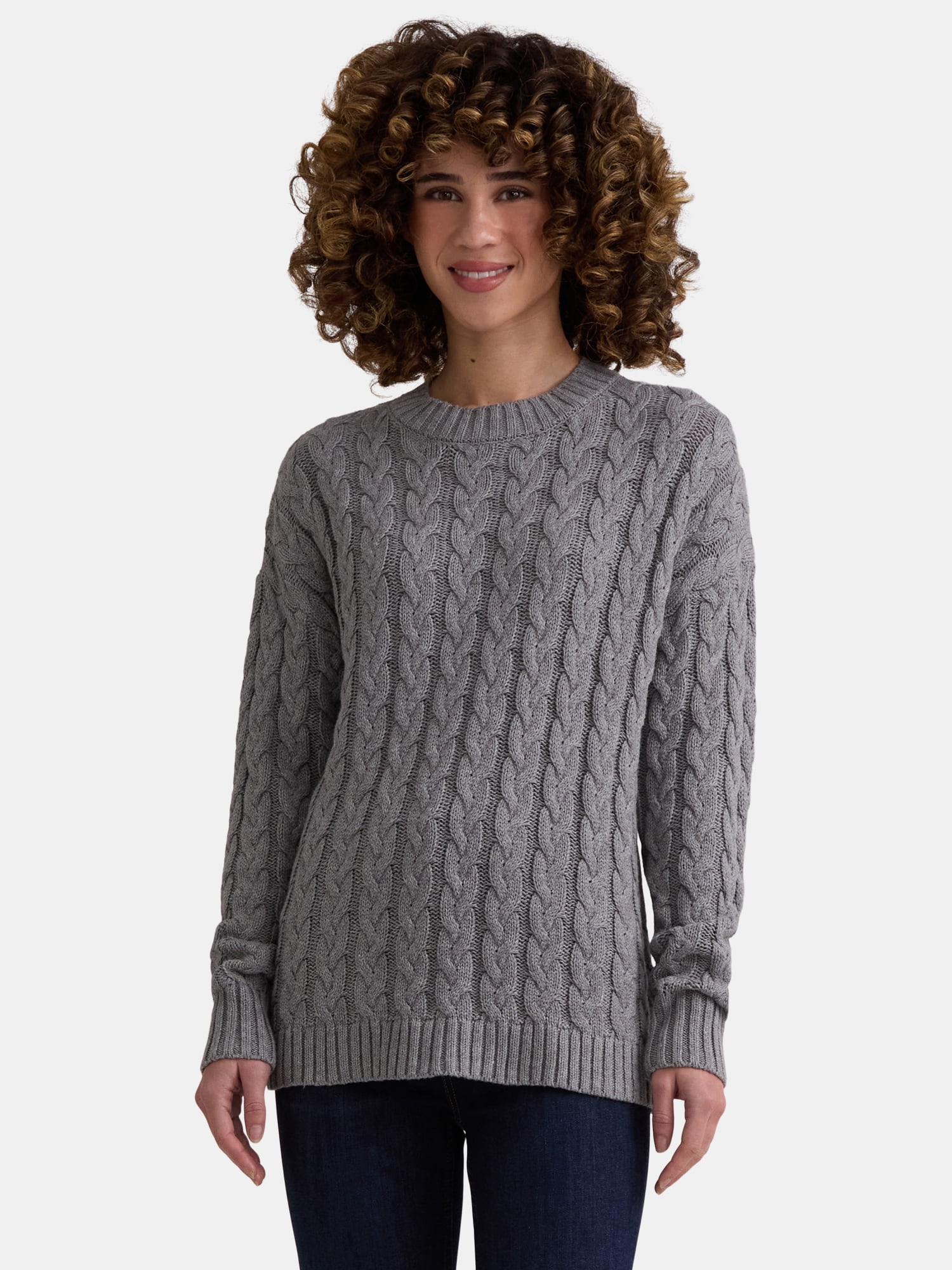 Time and Tru Women's and Women's Plus Cable Knit Crewneck Sweater ...