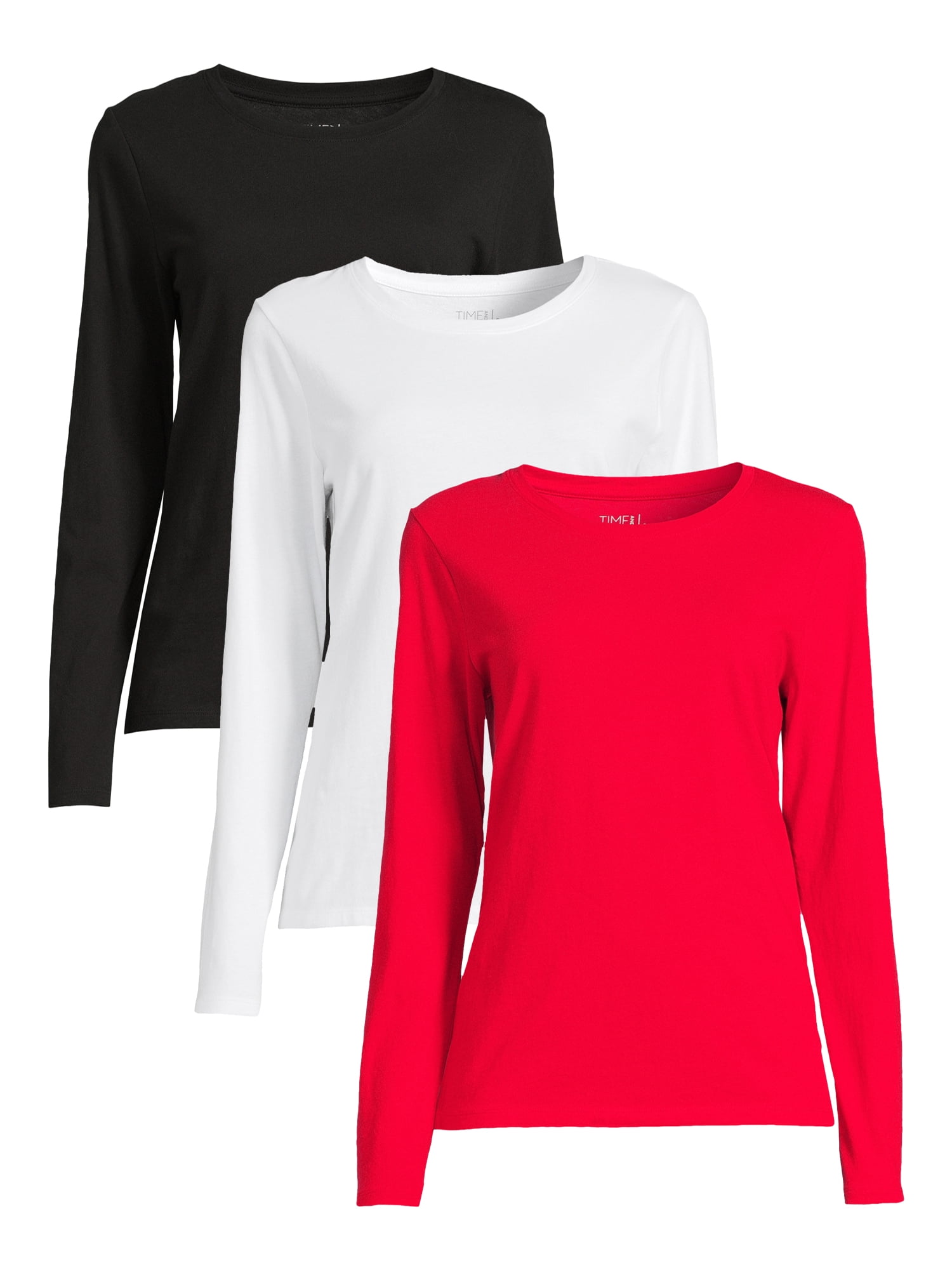 Time and Tru Women's Long Sleeve Tees 3-Pack, Relaxed Fit Crew Neck ...