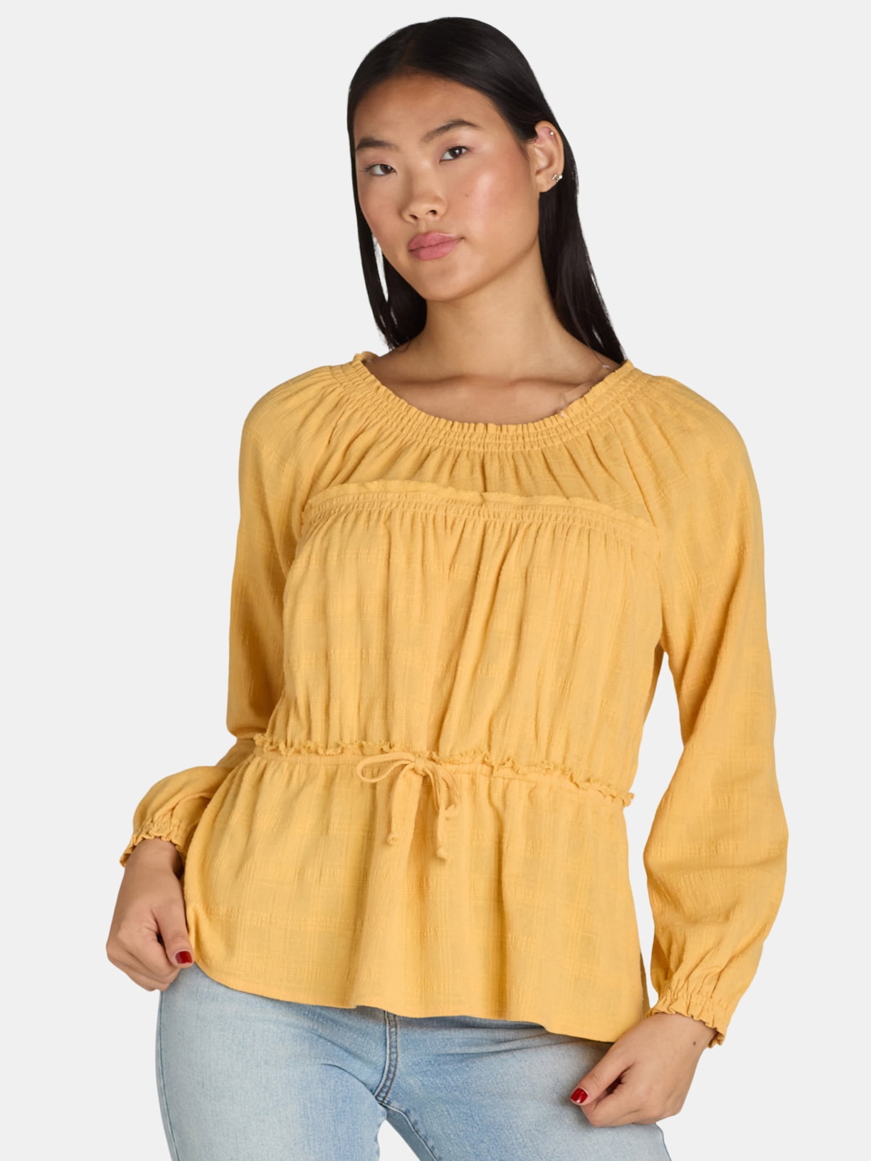 Time and Tru Women’s Cotton Peasant Blouse with Drawstring Waist, Sizes ...