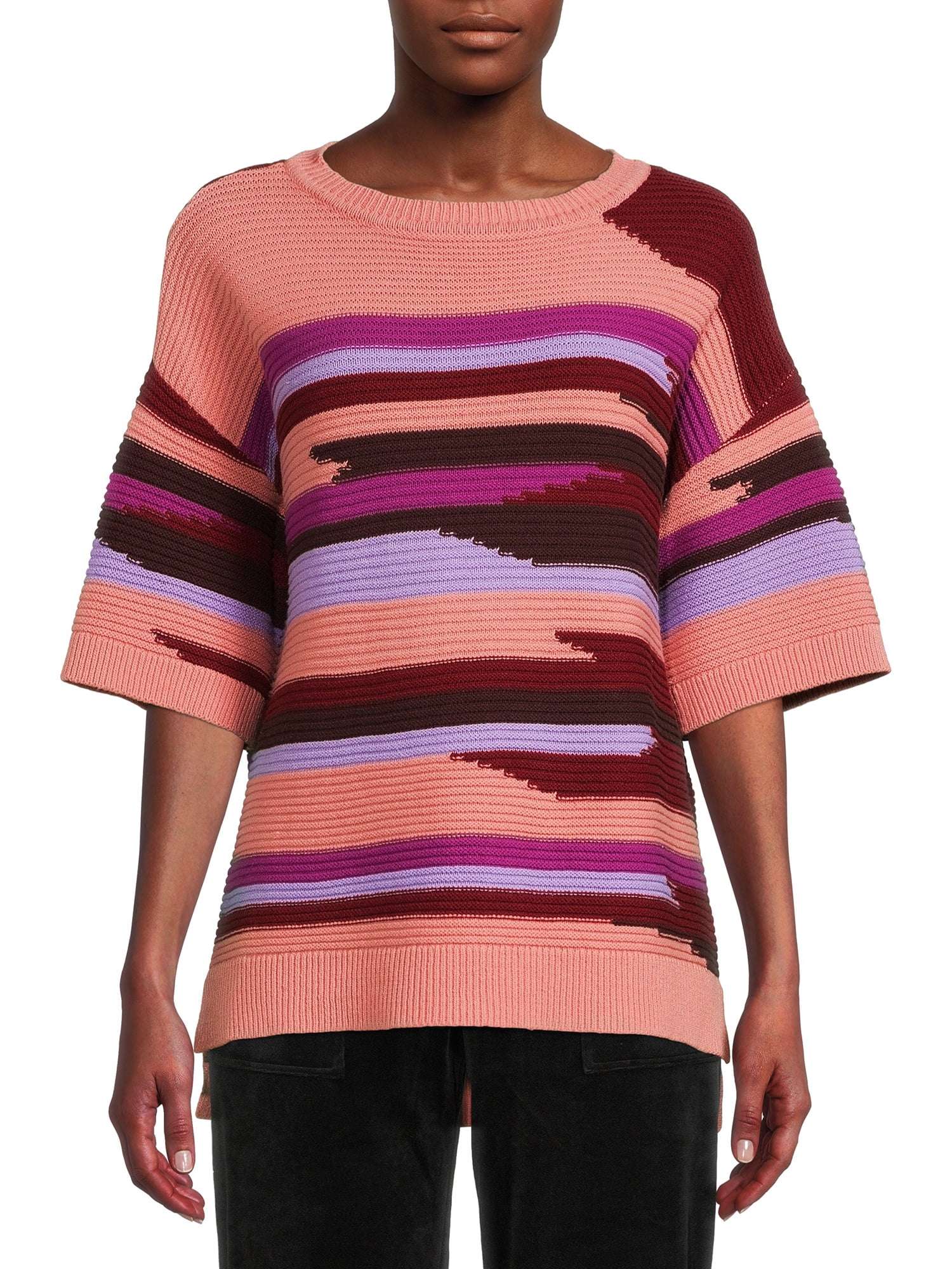Time and Tru Women's Textured Knit Pullover Sweater with Short Sleeves ...