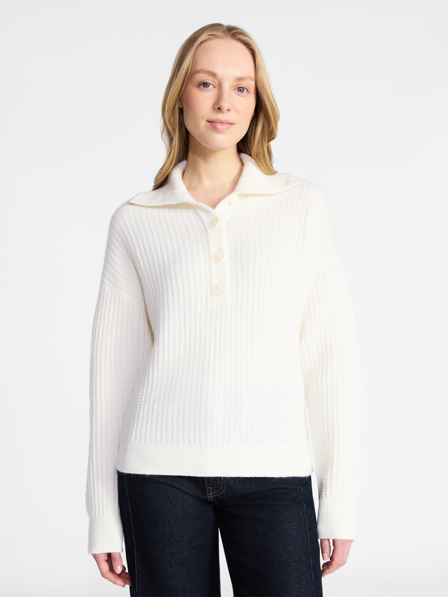 Time and Tru Women's Three Button Pointed Collar Henley Cozy Pullover ...