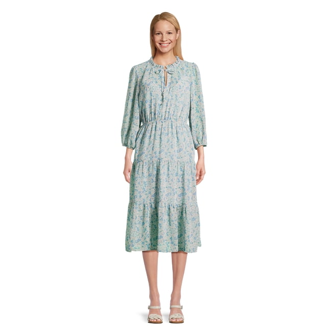 Time and Tru Women's Tiered Midi Dress with Puff Sleeves, Sizes XS-XXXL ...