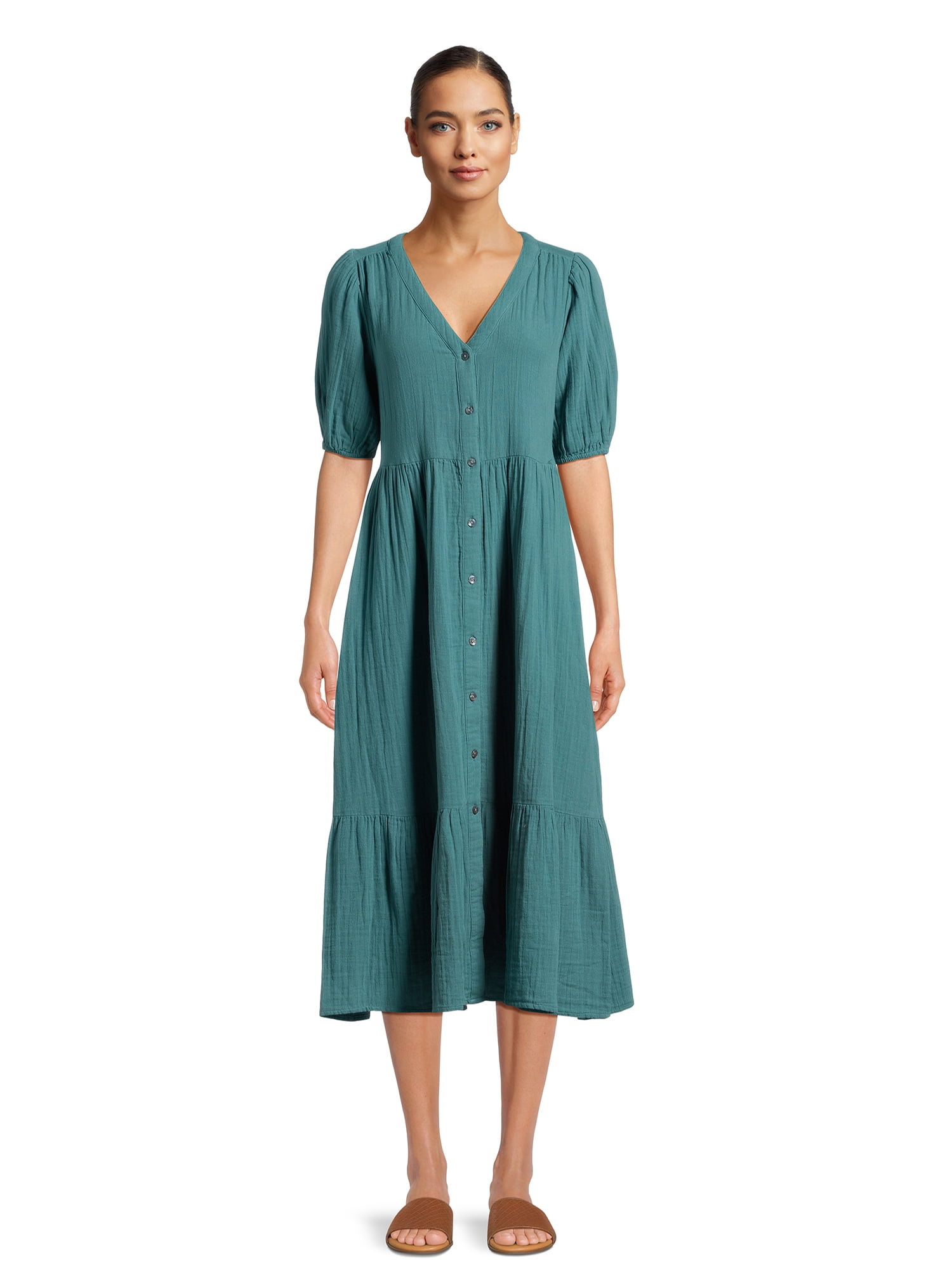 Time and Tru Women’s Tiered Midi Dress with Short Sleeves, Sizes XS ...
