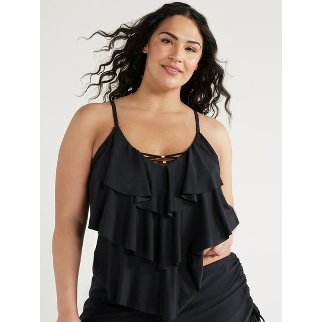 Time and Tru Women's and Women's Plus Tiered Tankini Swim Top, Sizes S ...