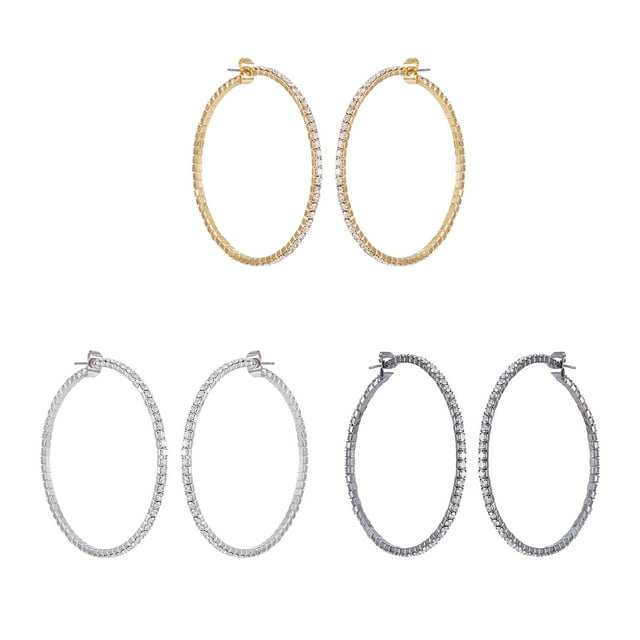 Time and Tru Women's Tri Tone Plated Rhinestone Hoops, 3 Pairs ...