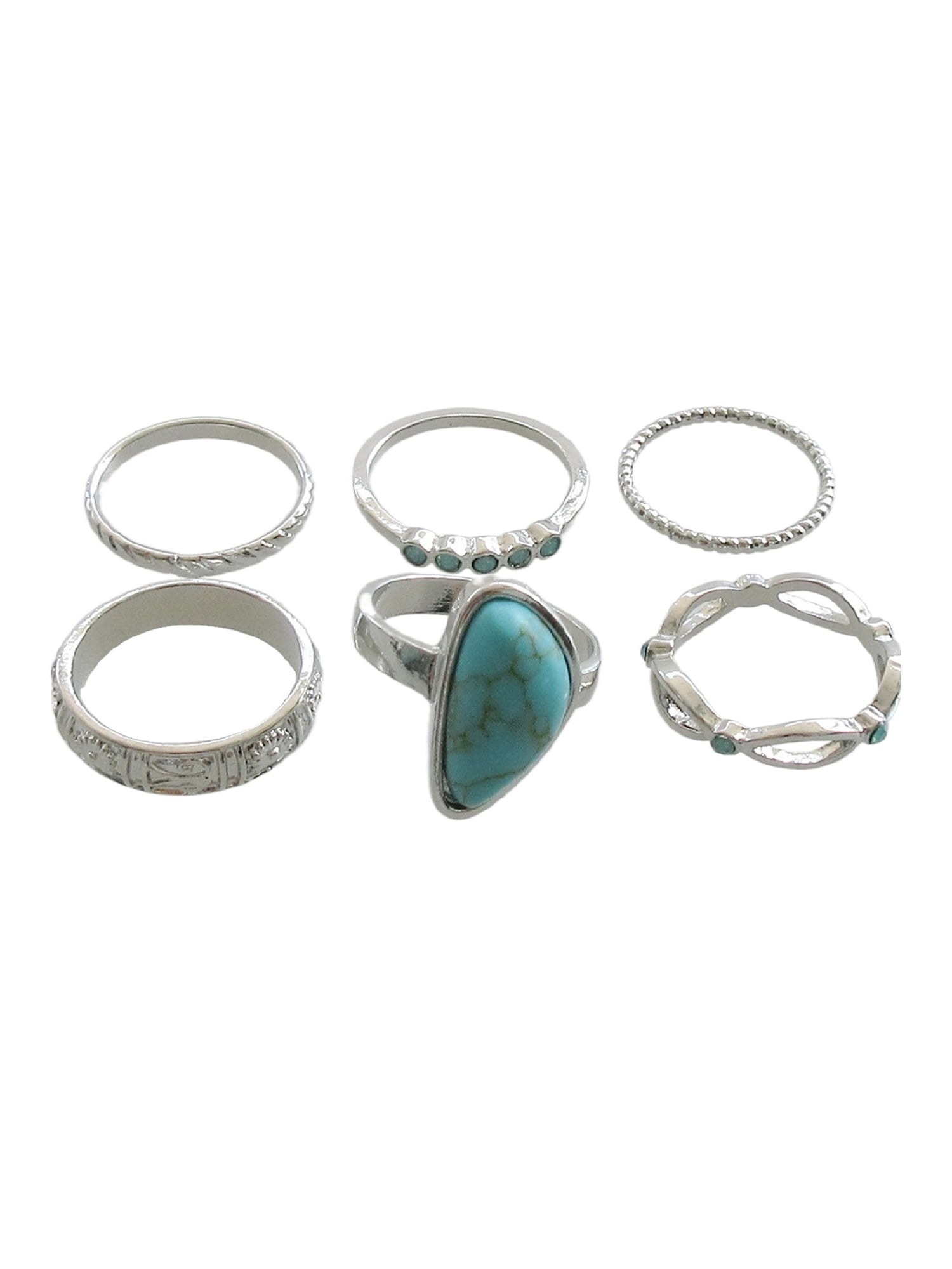 Time and Tru Women's Turquoise Sky 6Pc Large Stone And Bands Ring Set ...