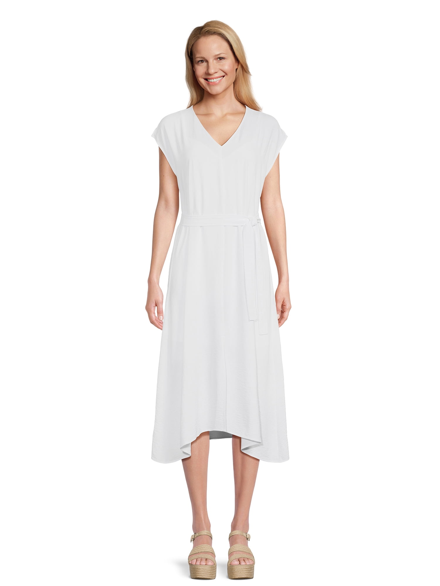 Time and Tru Women's V-Neck Midi Dress with Belt, Sizes XS-3XL ...