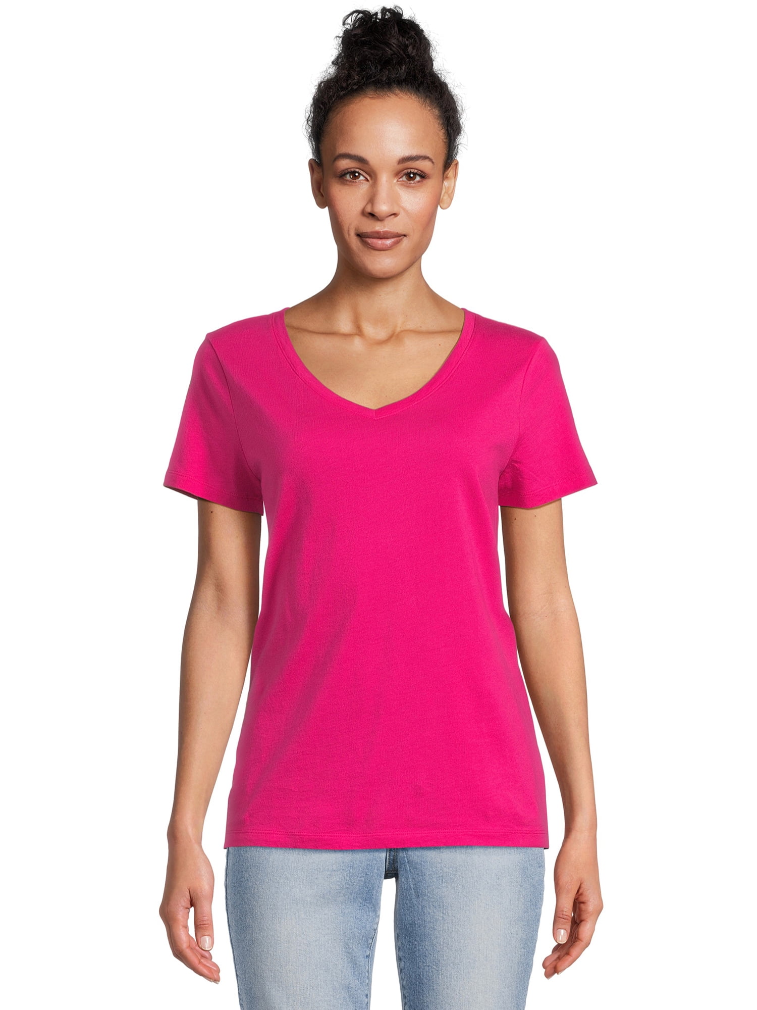 Time and Tru Women's Cotton V-Neck Tee with Short Sleeves, Sizes XS ...