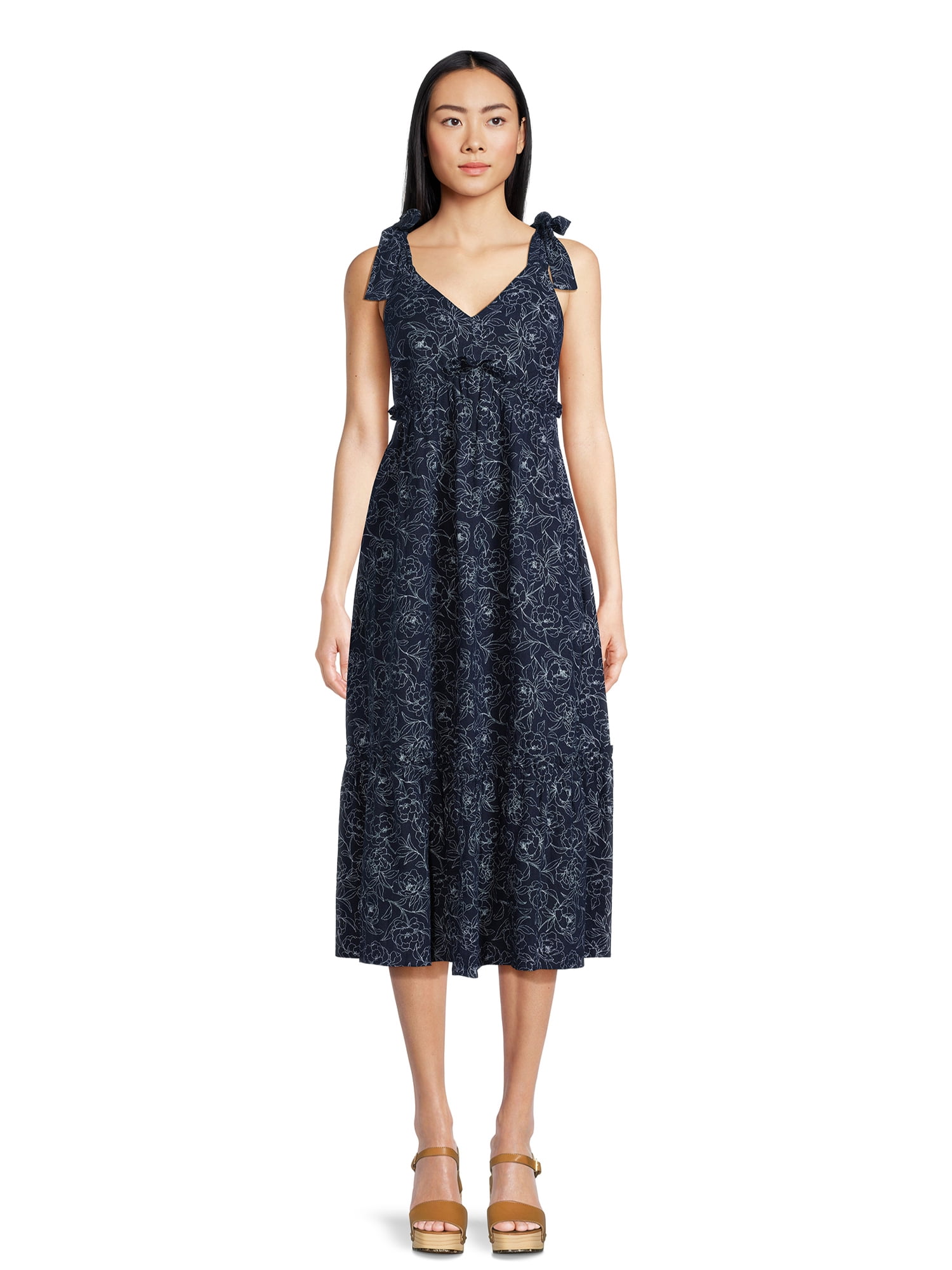Time and Tru Women's V-Neck Tie Strap Midi Dress - Walmart.com