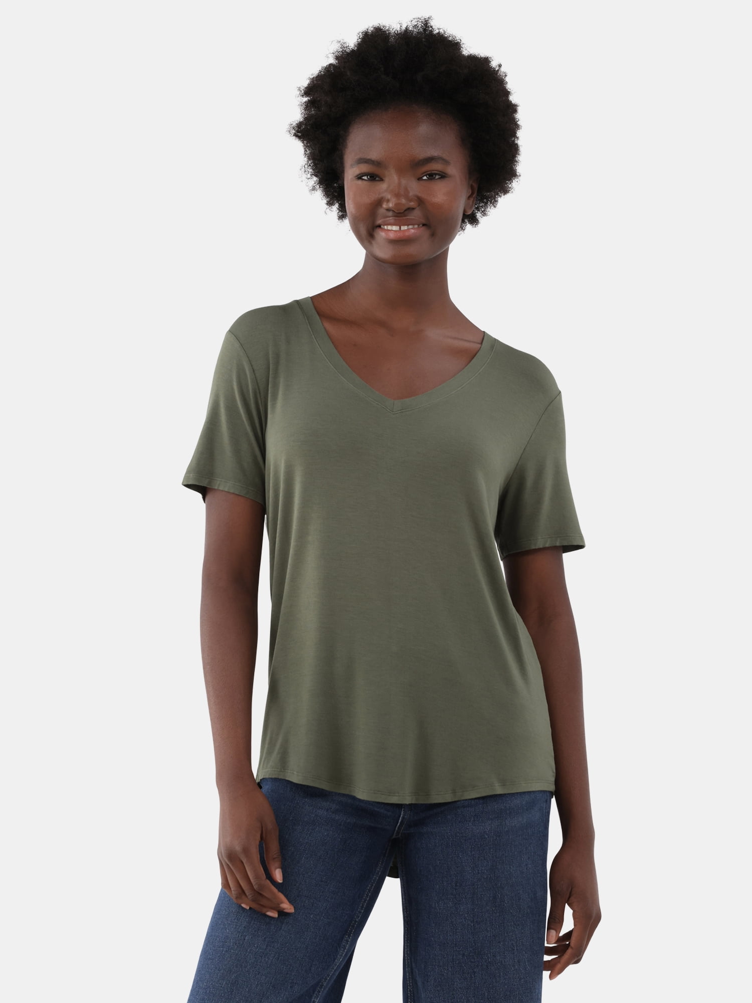 Time and Tru Women’s V-Neck Washed Tee with Short Sleeves, Sizes XS ...