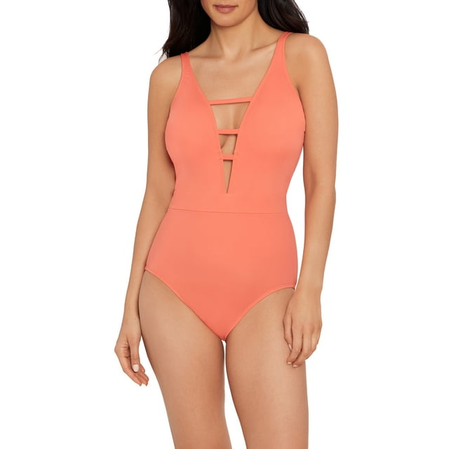 Time And Tru Womens V Strappy Front One Piece Swimsuit