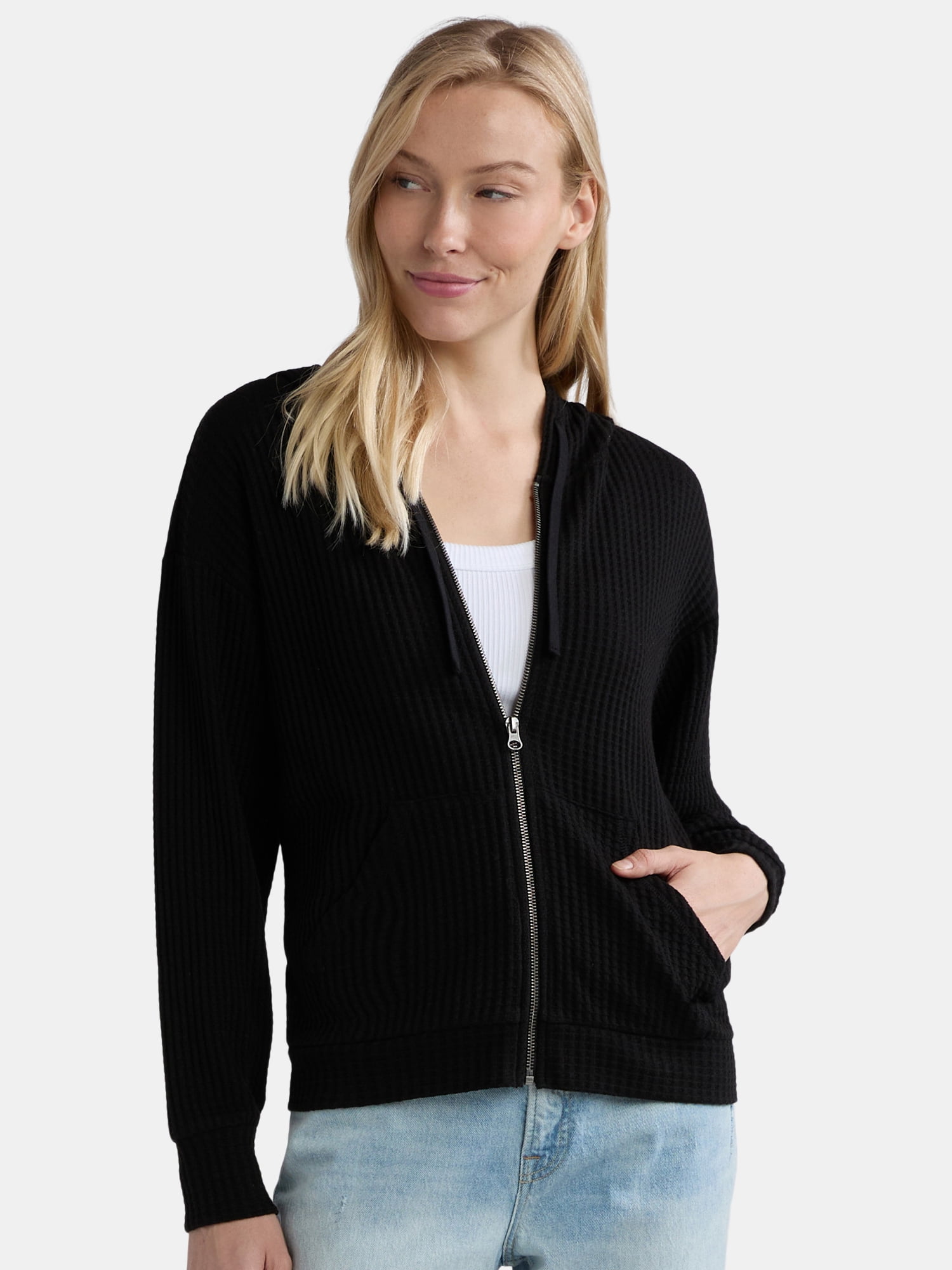 Time & Tru Women's Waffle Full-Zip Hoodie, Long Sleeves, Sizes S-XXXL ...