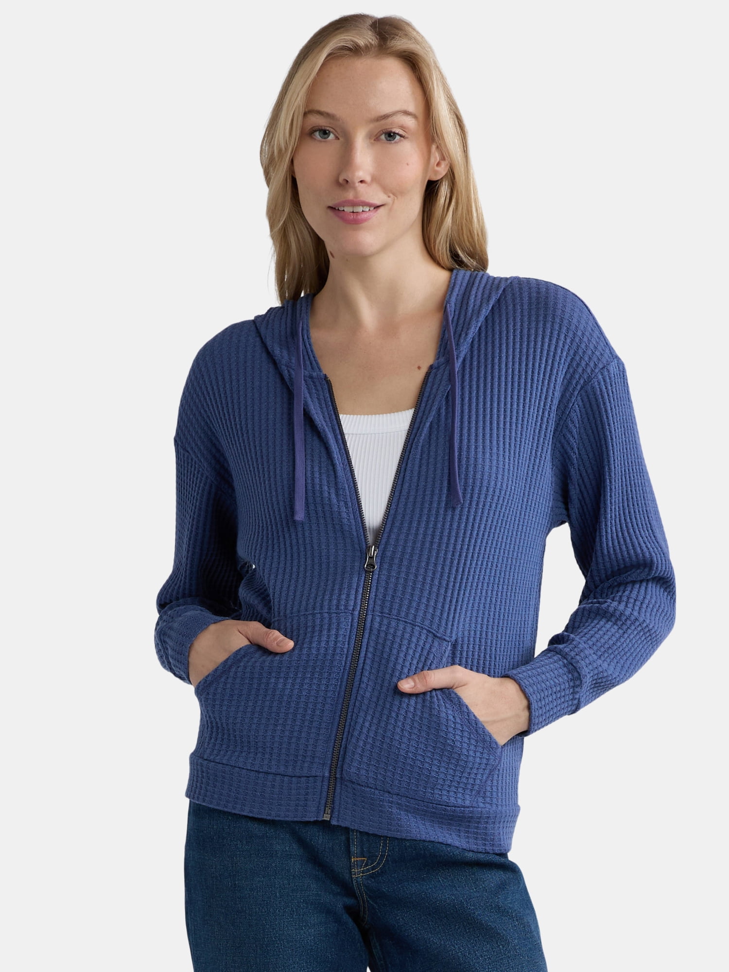Time and Tru Women's Waffle Full Zip Hoodie with Long Sleeves, Sizes S ...